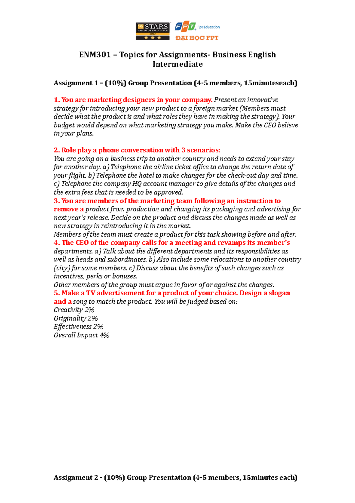 ENM 301 Topics for Assignments - ENM301 – Topics for Assignments ...