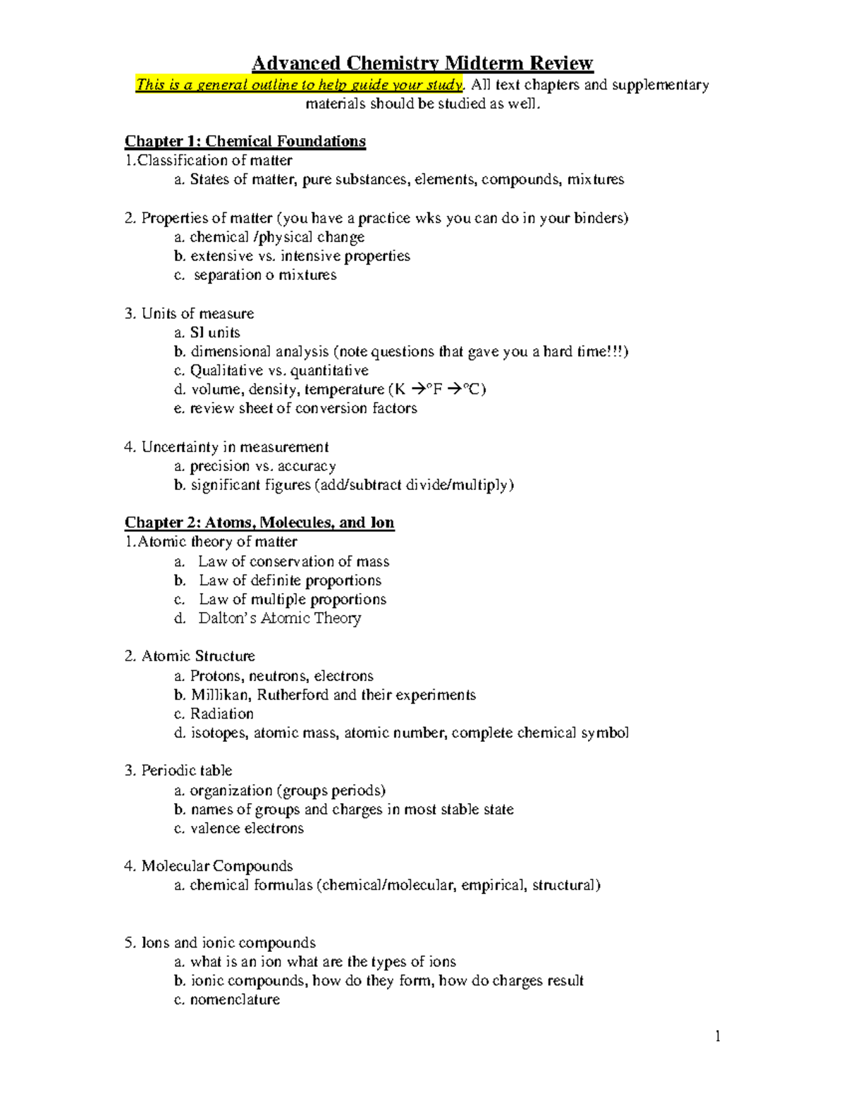 Adv chemistry midterm review - Advanced Chemistry Midterm Review This ...