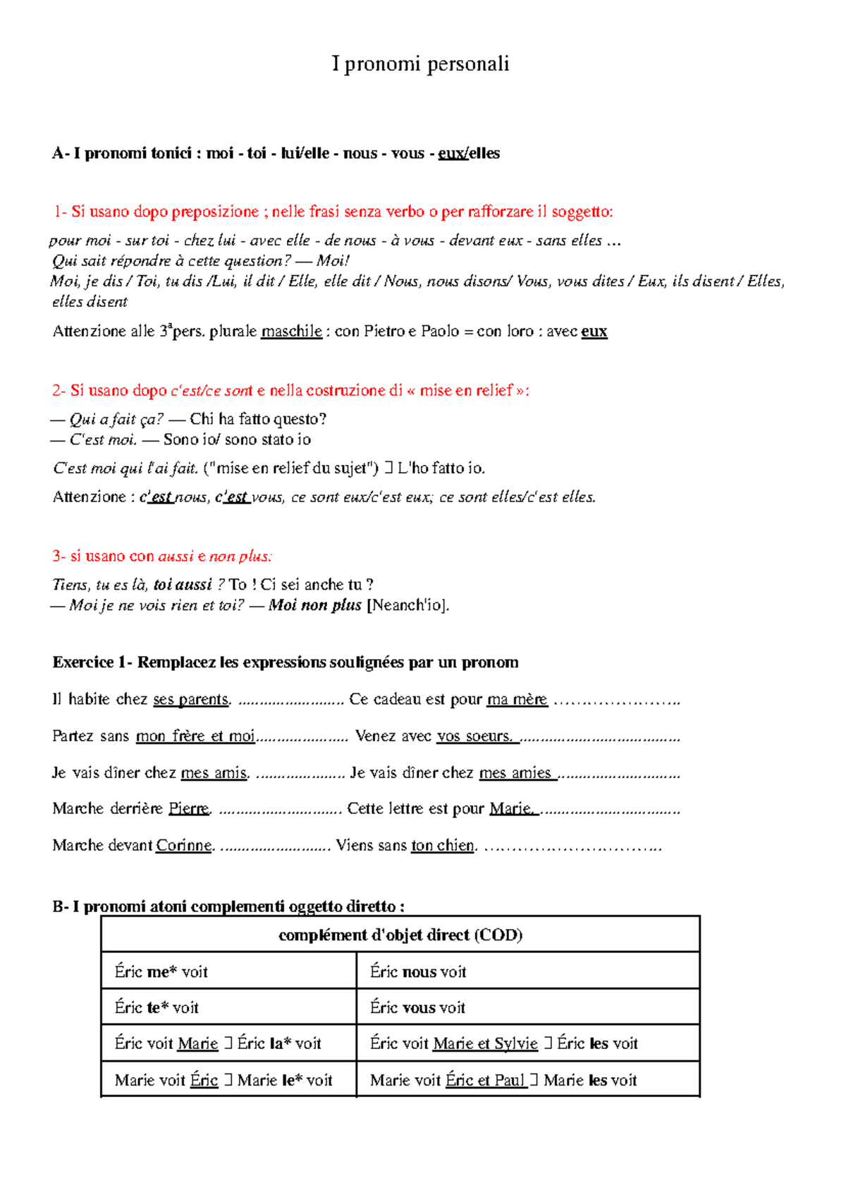 Chapitre sur les pronoms personnels - I pronomi personali A- I pronomi ...