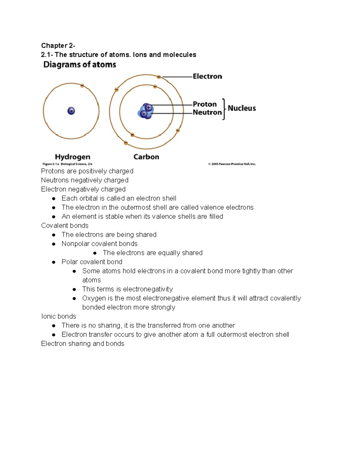 Bio Chapter 2 - Lecture notes 2 - Chapter 2- 2- The structure of atoms ...