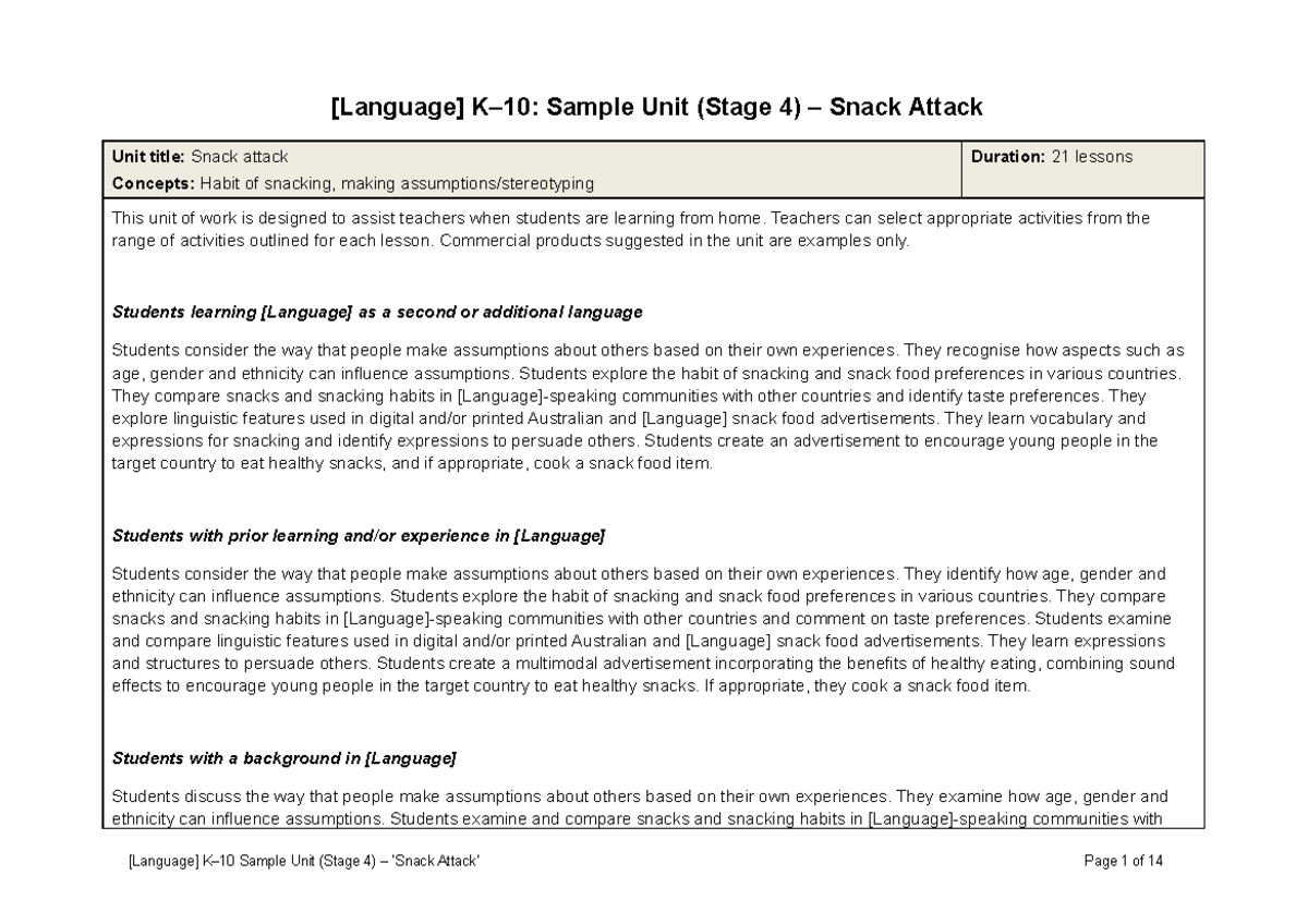 [Language]+K-10+(Stage+4)+Sample+Unit++Snack+Attack - [Language] K–10 ...