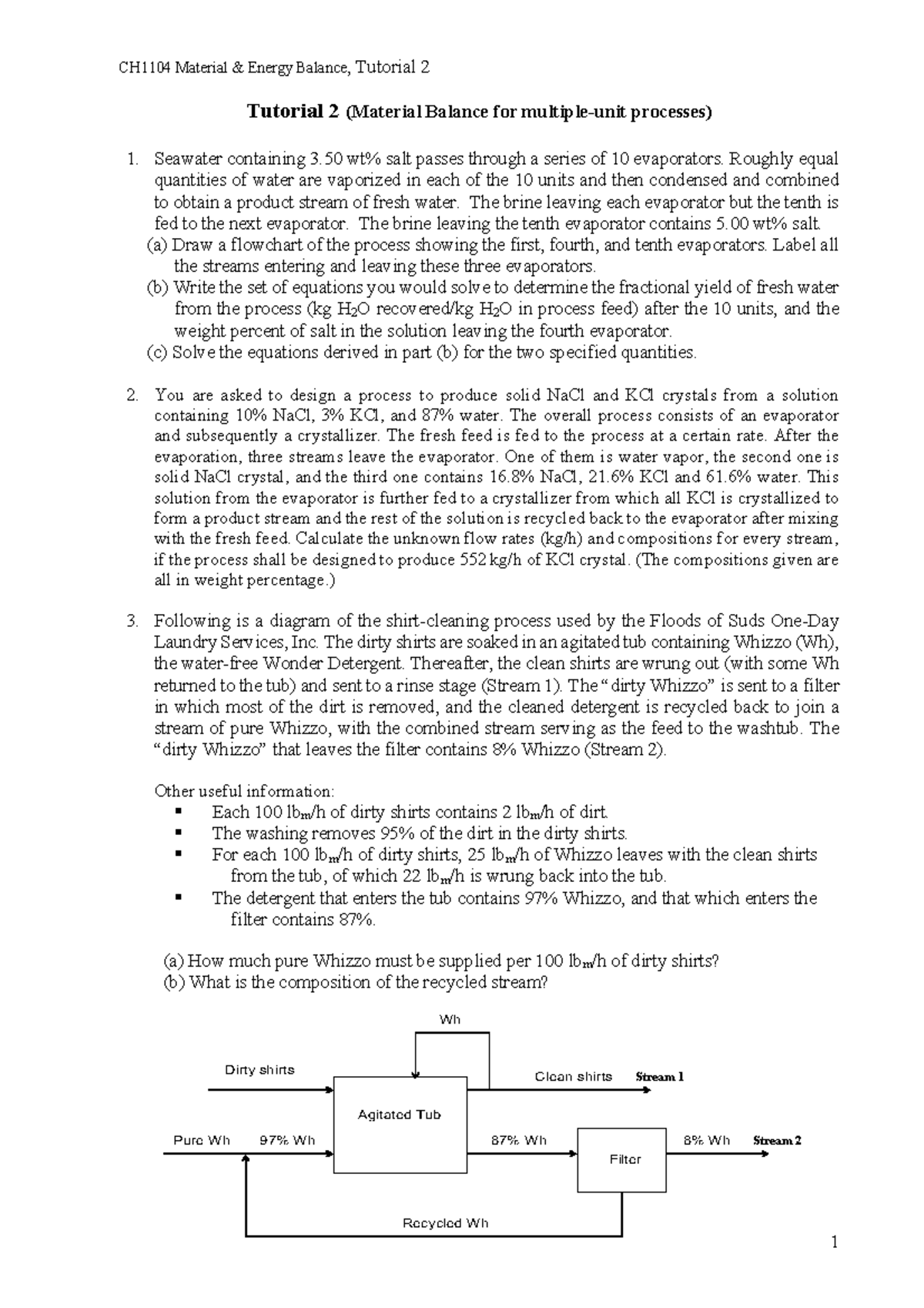 CH1104 MB Tut 2 Q&A 2023 - Tutorial - CH1 1 04 Material & Energy Balance, Tutorial 2 1 Tutorial ...