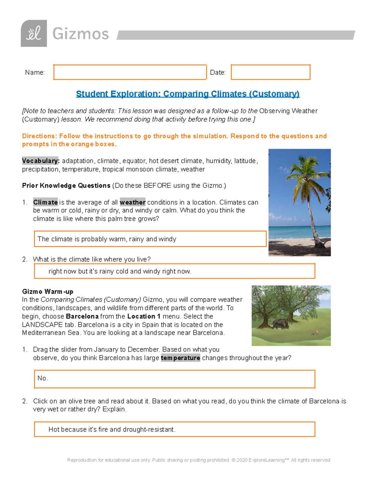 Jaylen Carter - Gizmo Comparing Climates CSE - Name: Date: Student ...