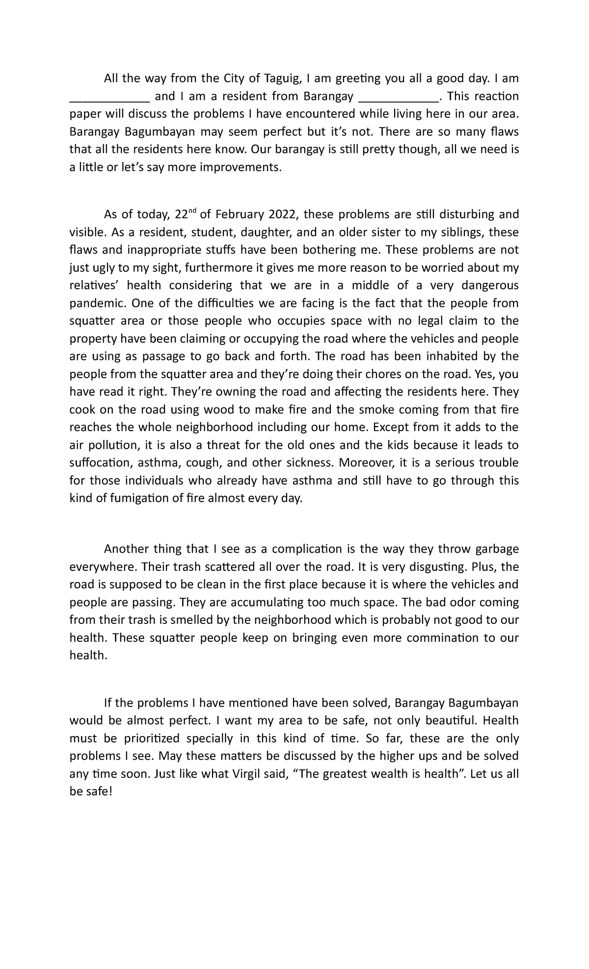 REACTION PAPER ABOUT BARANGAY PROBLEM - All the way from the City of Taguig, I am greeting you ...