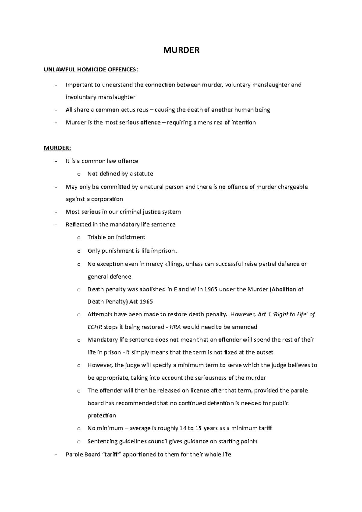 Murder - Criminal Law - MURDER UNLAWFUL HOMICIDE OFFENCES: Important to ...