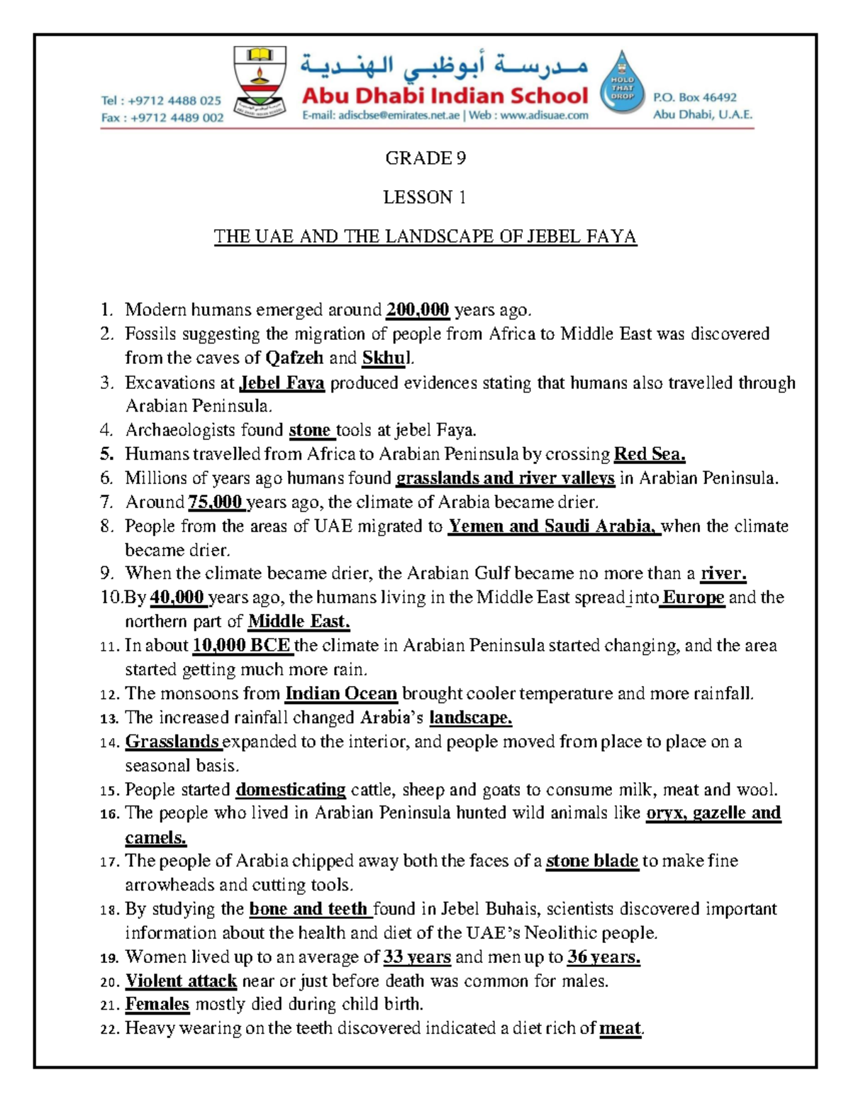 Greade 9 Notes TERM 1 - nothing much - GRADE 9 LESSON 1 THE UAE AND THE ...