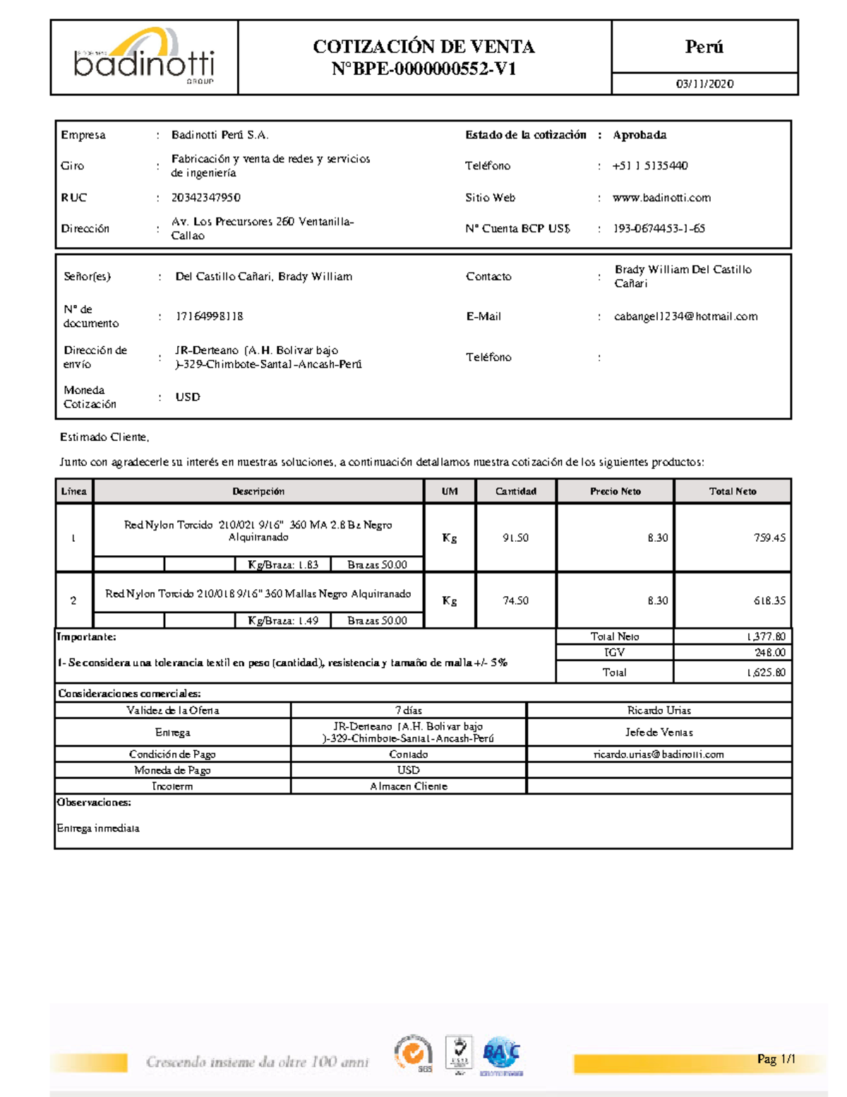 BPE-0000000552-V1 Brady DEL Castillo Cañari - COTIZACIÓN DE VENTA N°BPE ...