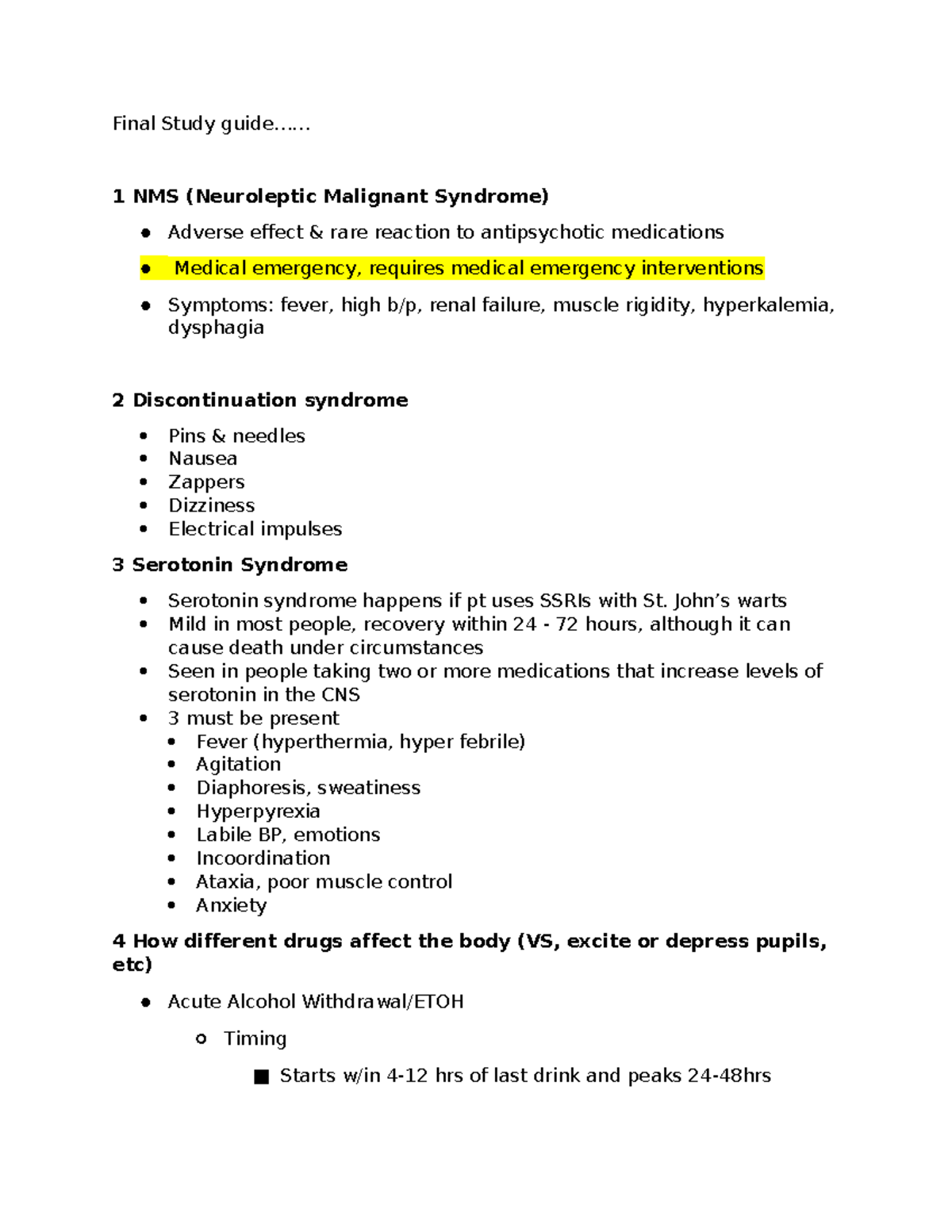 Final review - Final Study guide...... 1 NMS (Neuroleptic Malignant ...