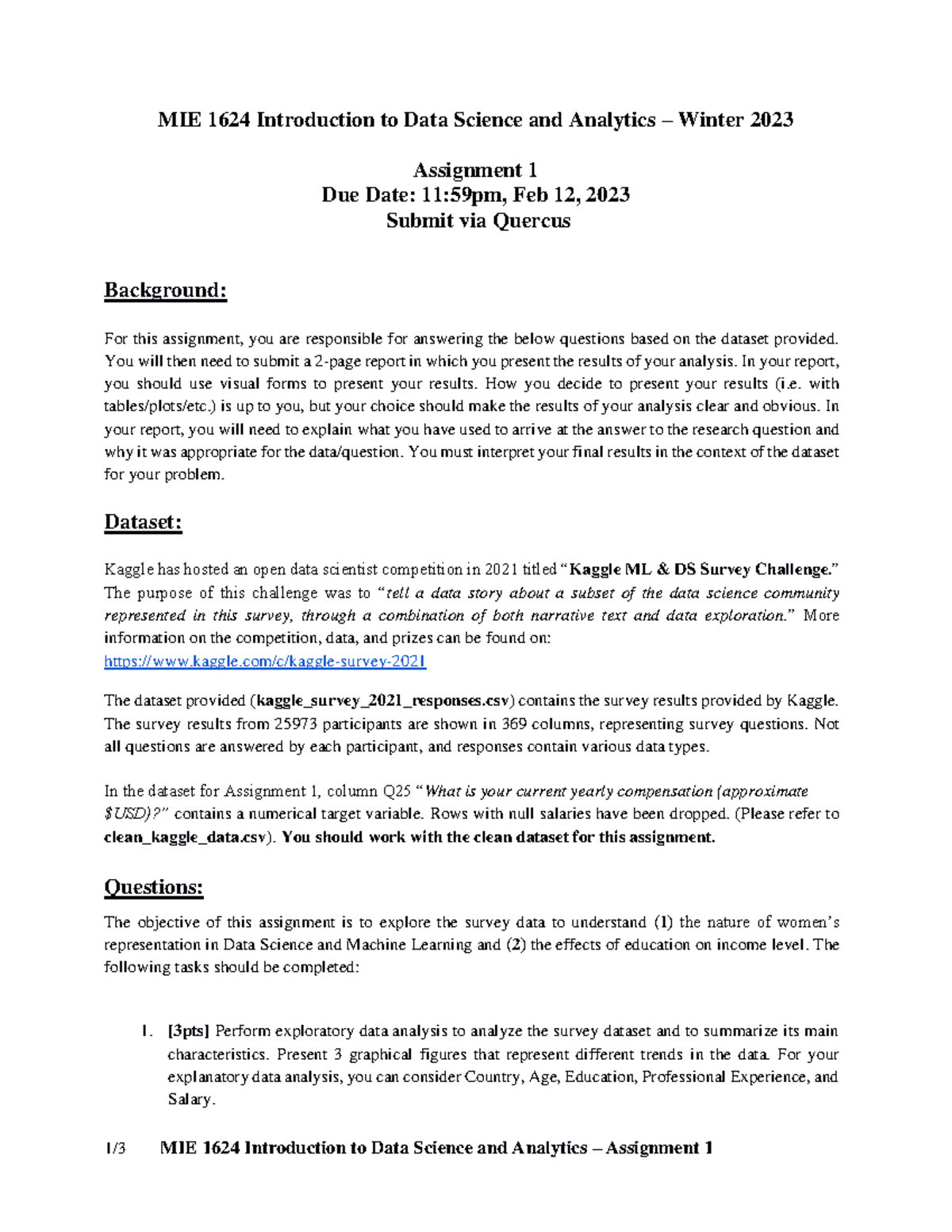 MIE1624 - Assignment 1 Winter 2023 - 1/3 MIE 1624 Introduction to Data Science and Analytics ...