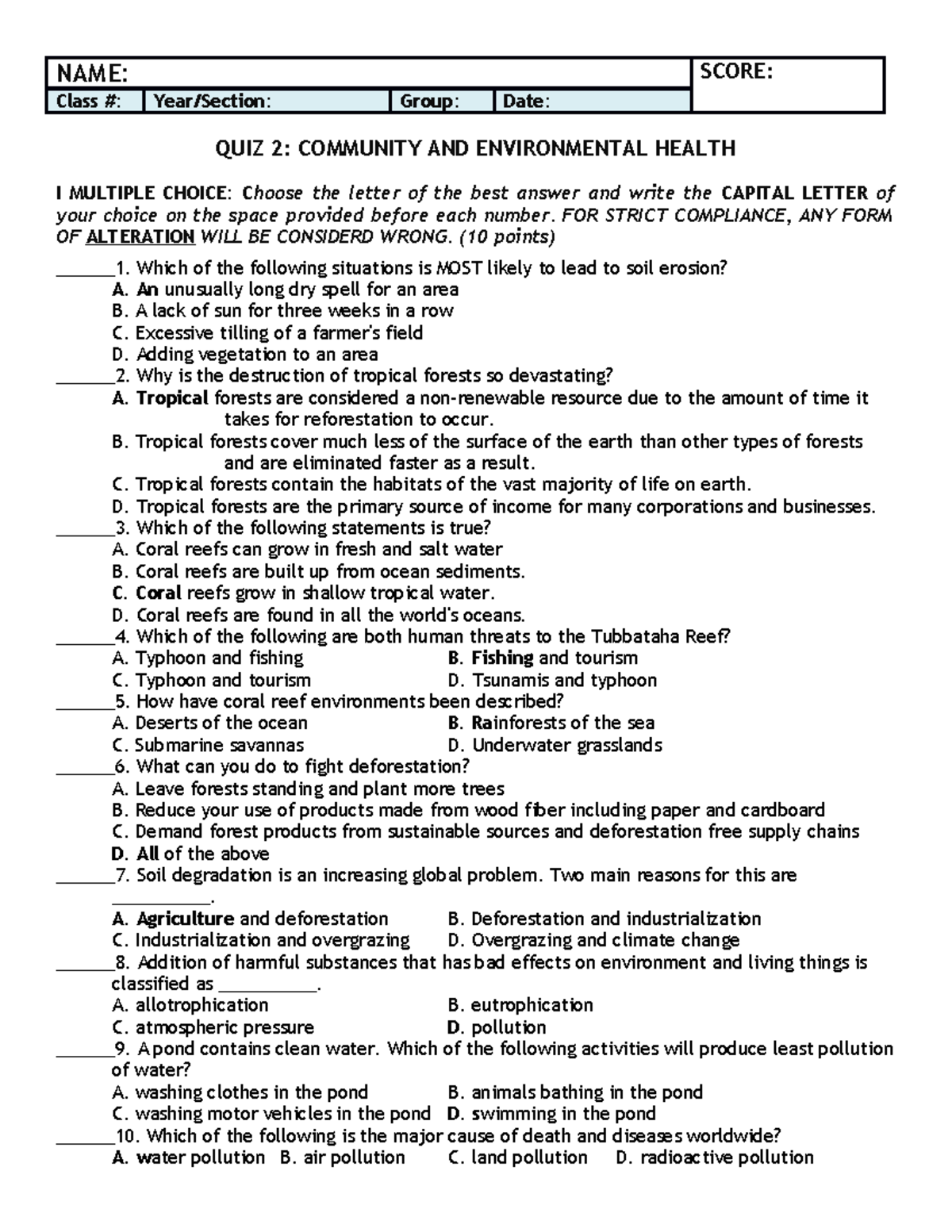 Health 9 1st quiz 2 commnity and environmental health - NAME: SCORE ...