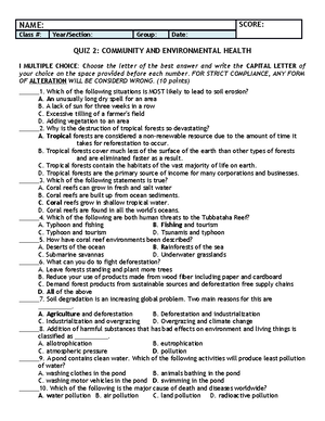 Health 9 1st quiz 1 concepts of community health - NAME: SCORE: Class ...
