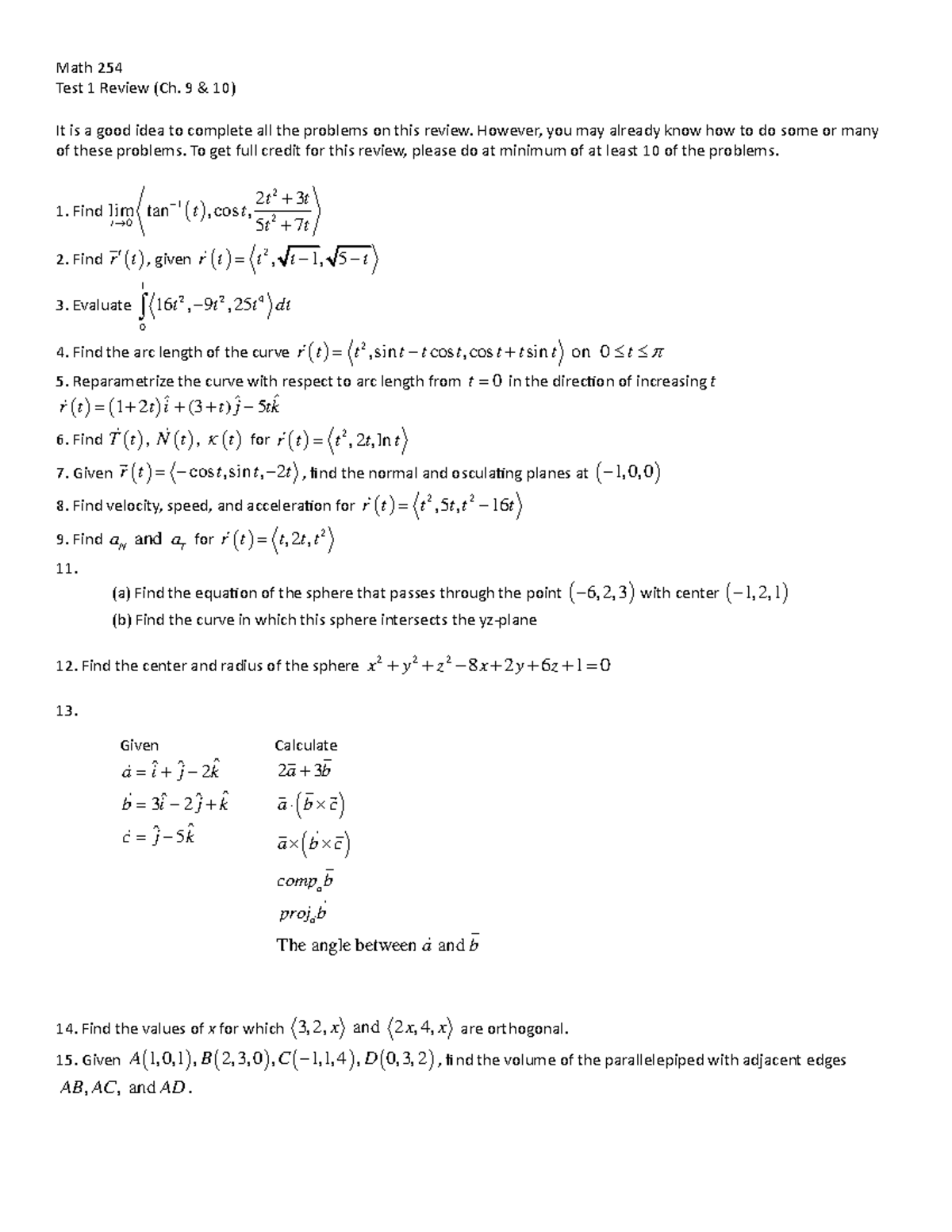 Test 1 Review - fagagh - Math 254 Test 1 Review (Ch. 9 & 10) It is a ...