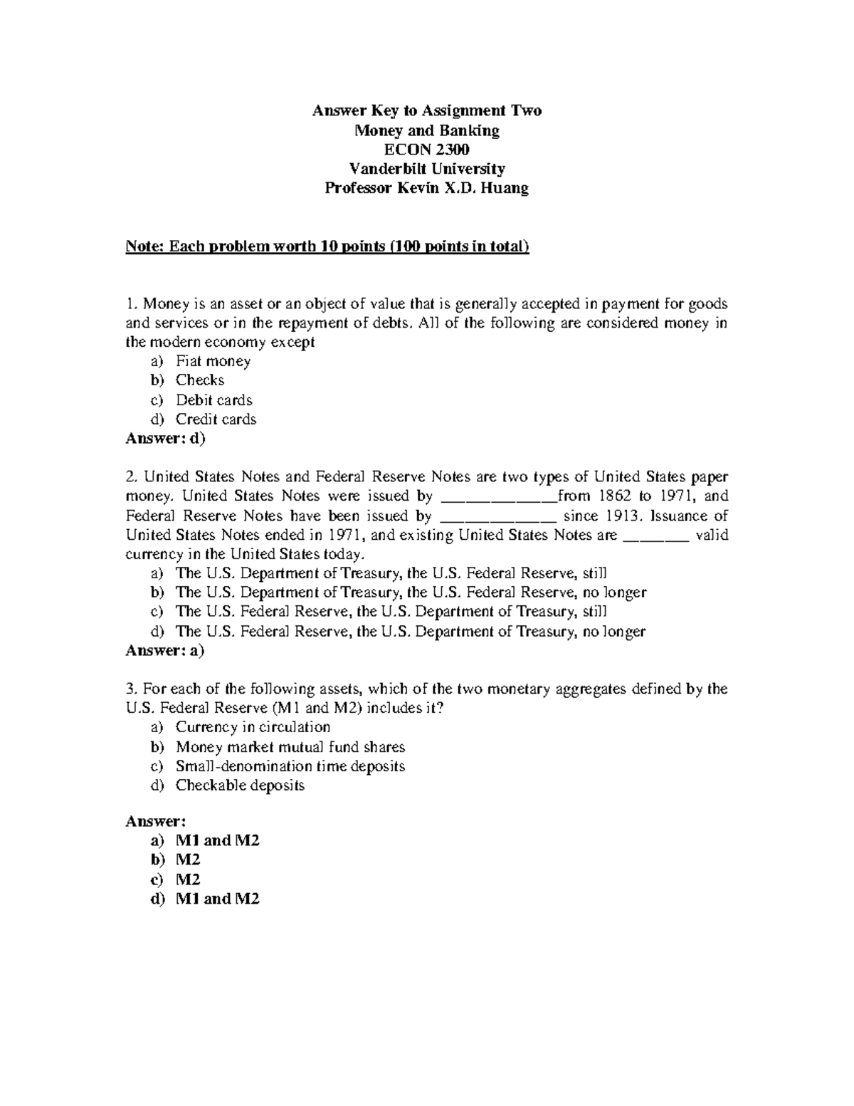 Assignment 2 Answer - Homework 2 - Answer Key to Assignment Two Money ...
