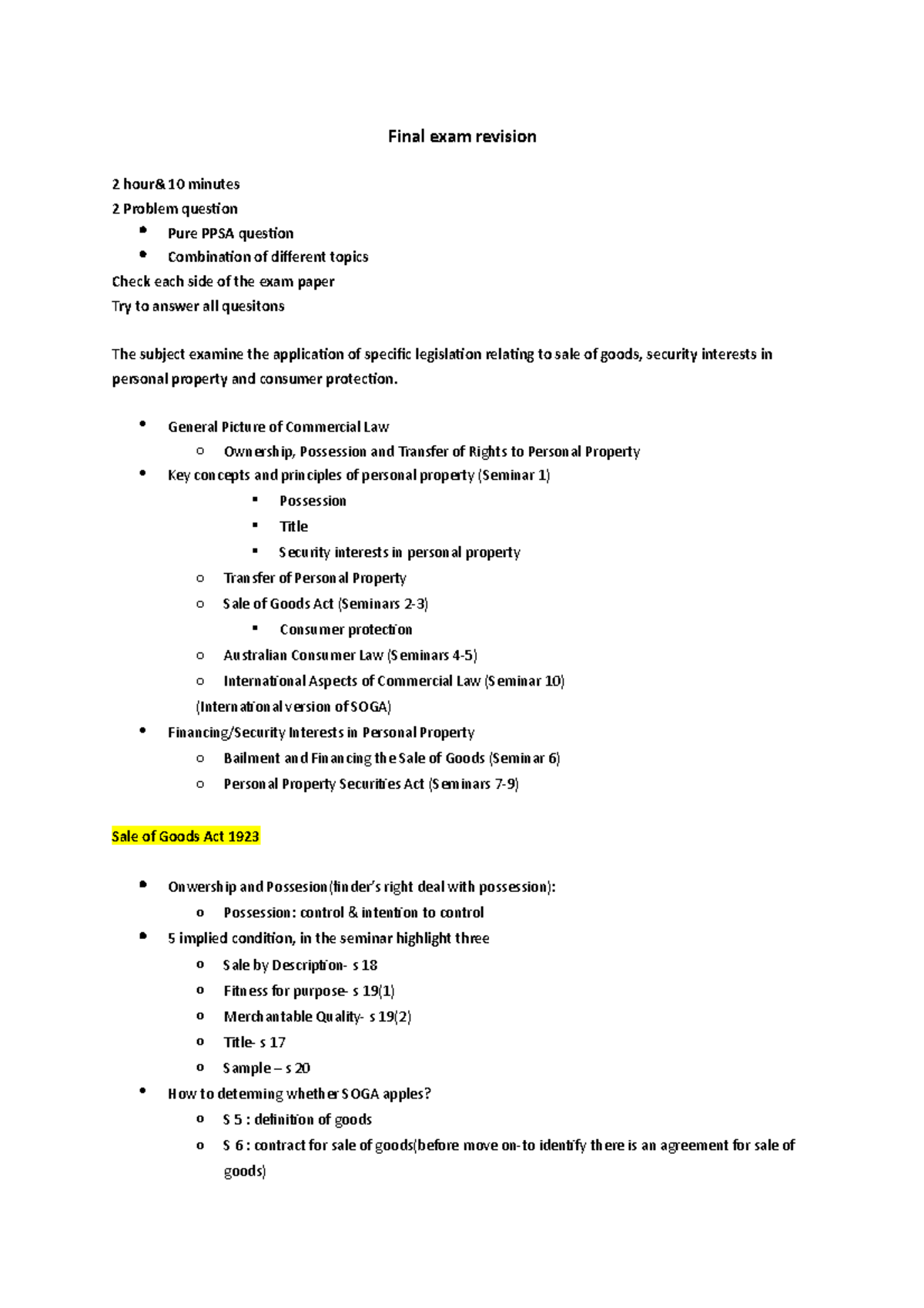 Final exam revision note - Final exam revision 2 hour& 10 minutes 2 ...