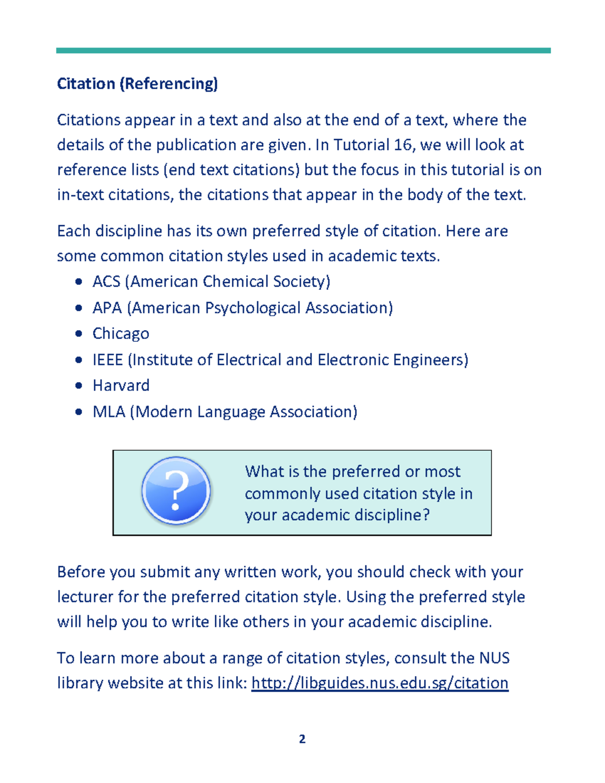ES1103 Tutorial 4 - notes - Citation (Referencing) Citations appear in ...