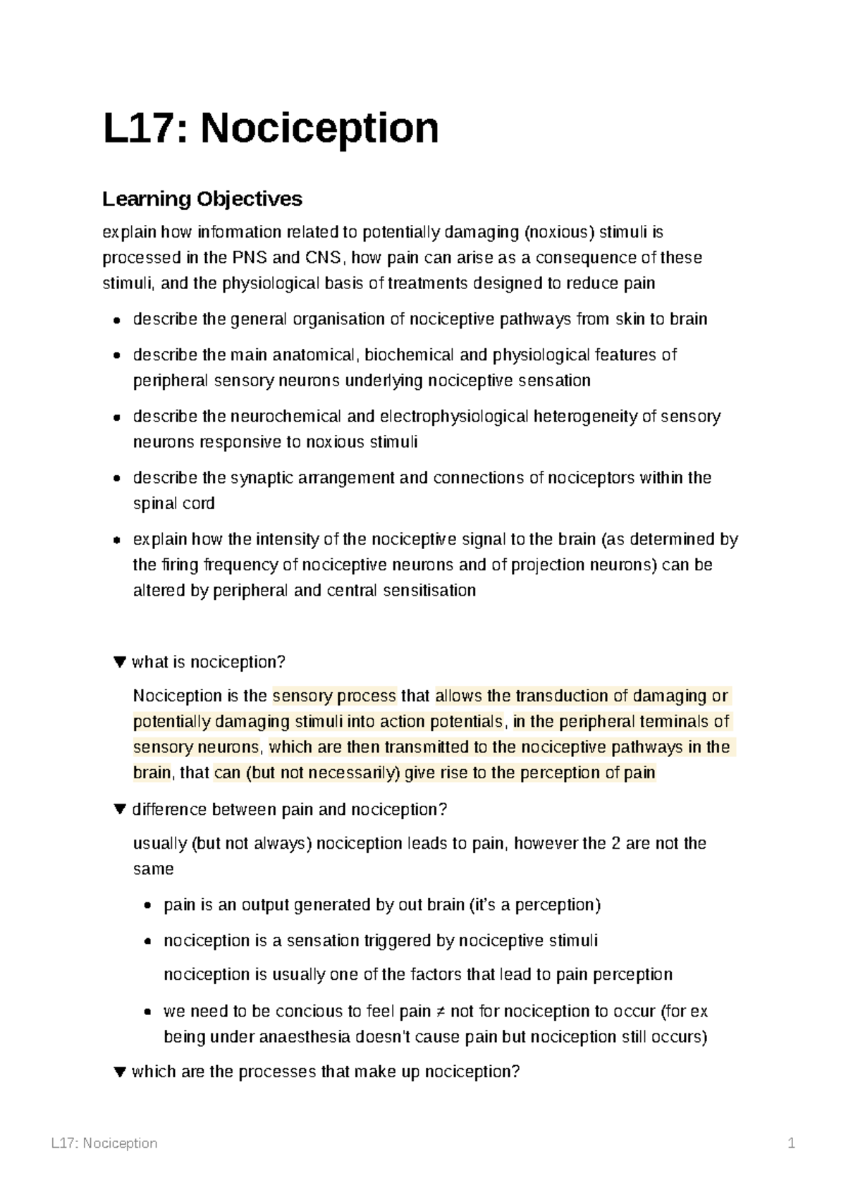 Lecture 17: Nociception - detailed notes - L17: Nociception Learning ...