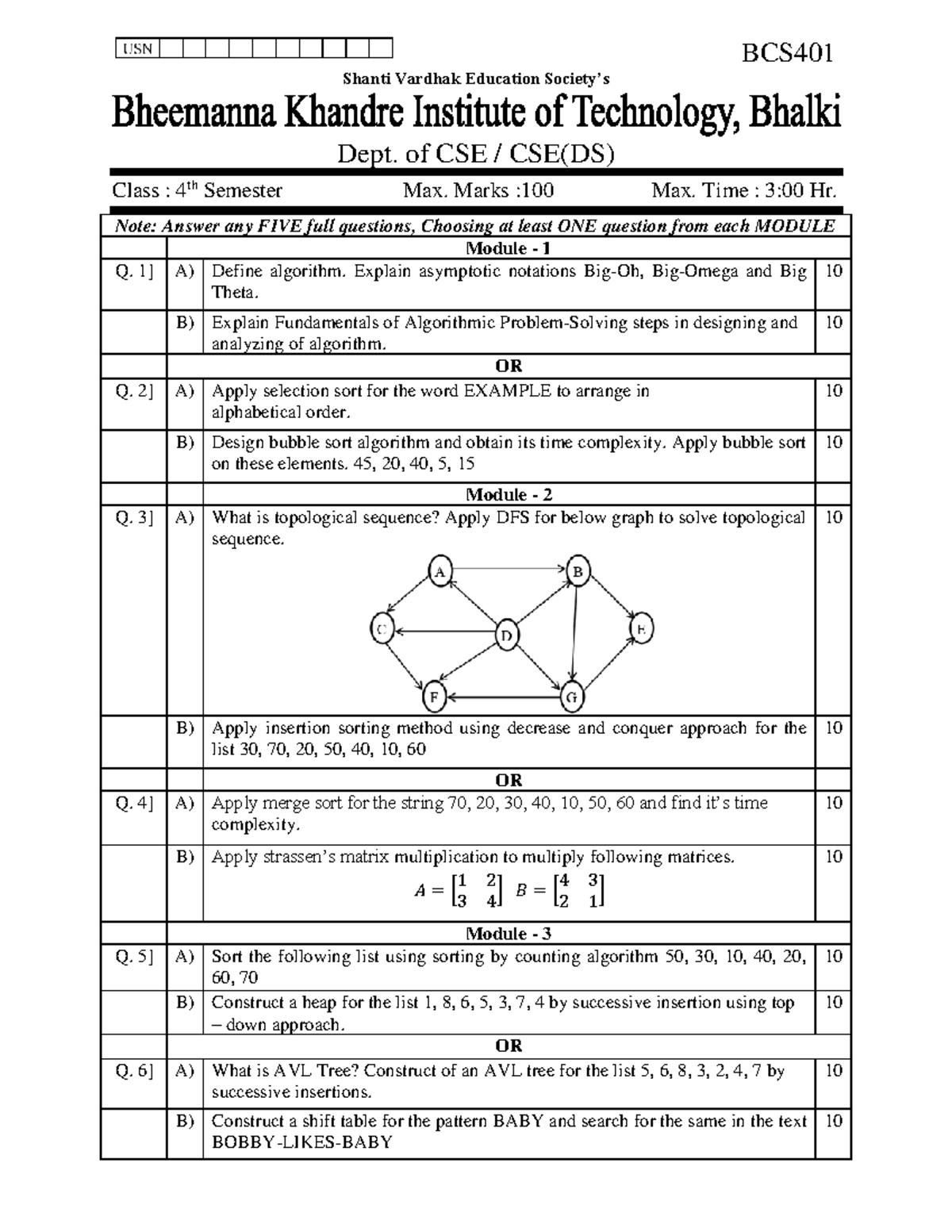 Ada Bcs401 Model Question Paper Bcs Shanti Vardhak Education Society S Dept Of Cse Cse Ds