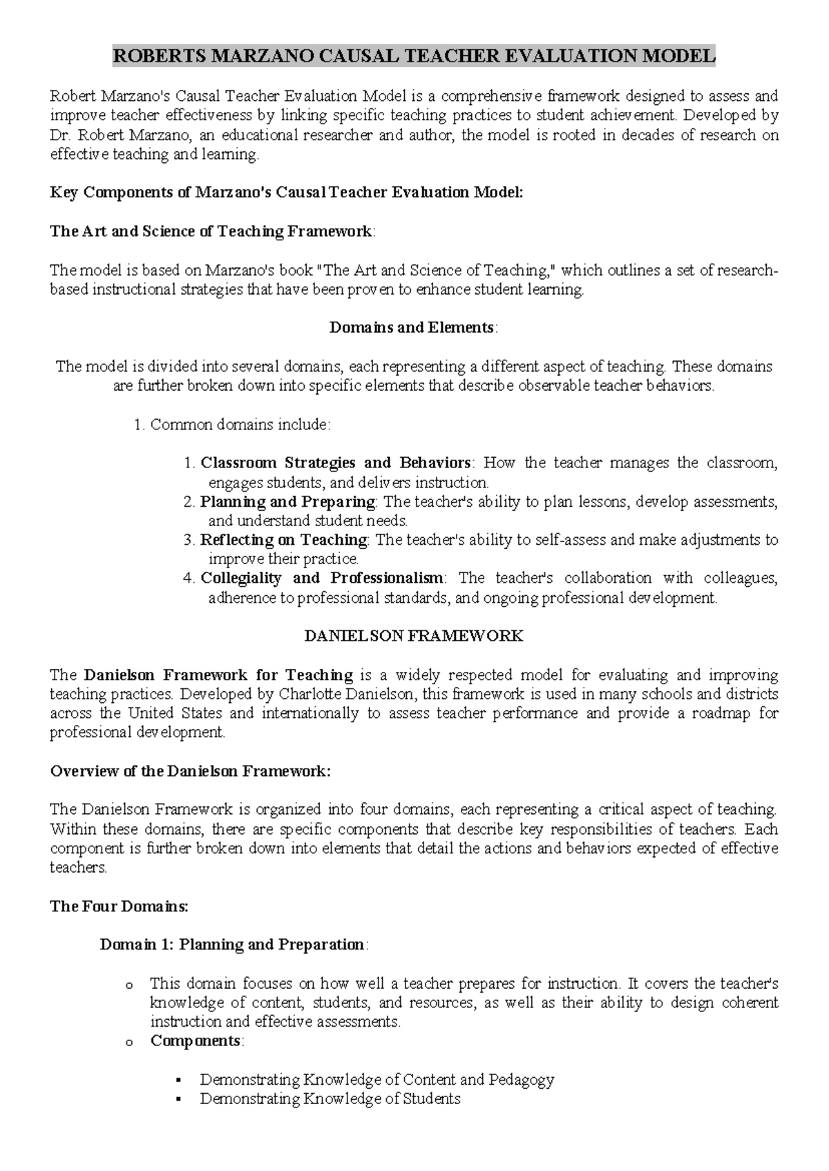 THE FOUR Models OF Effective Teaching - ROBERTS MARZANO CAUSAL TEACHER ...