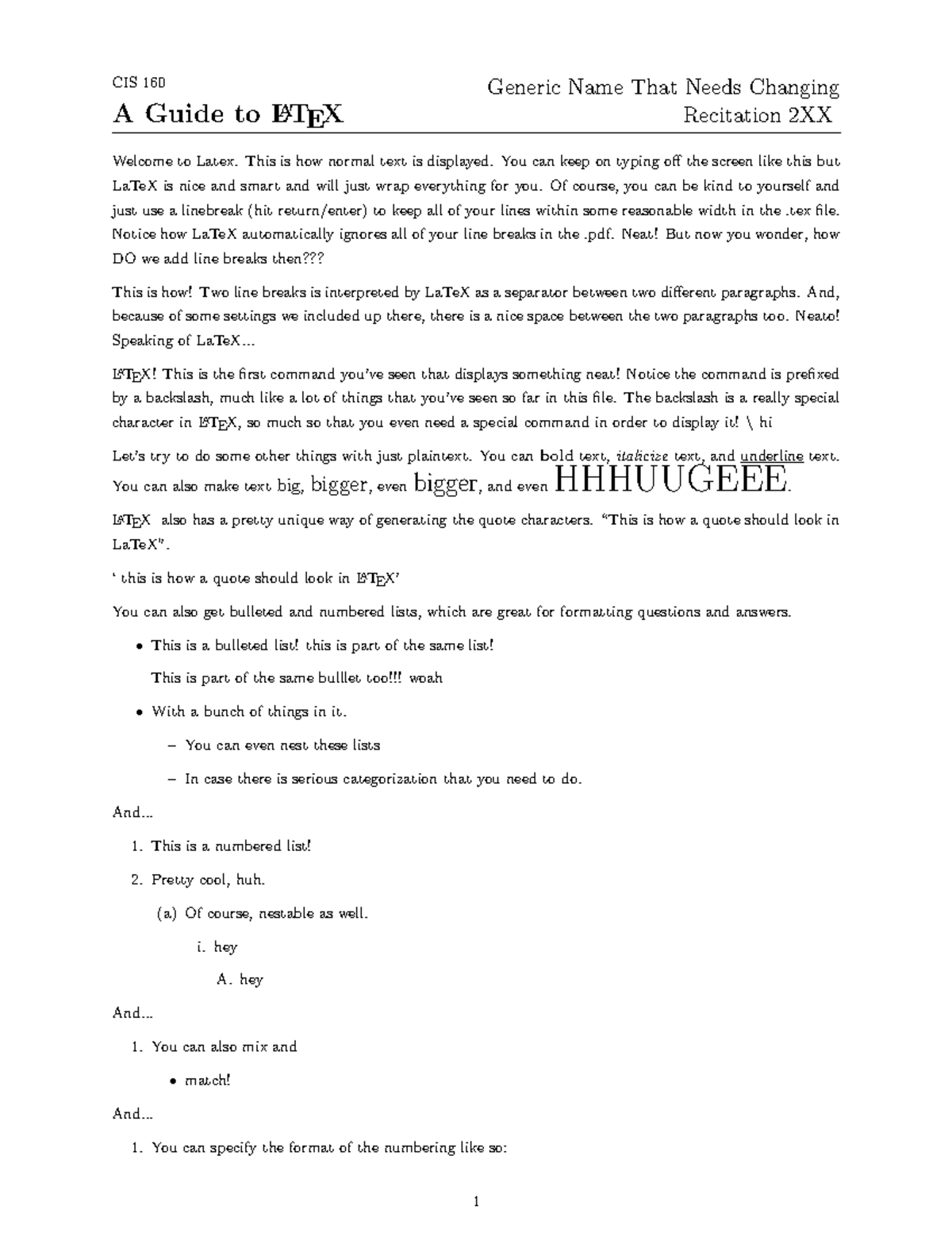 Latex interactive guide - CIS 160 A Guide to LATEX Generic Name That ...