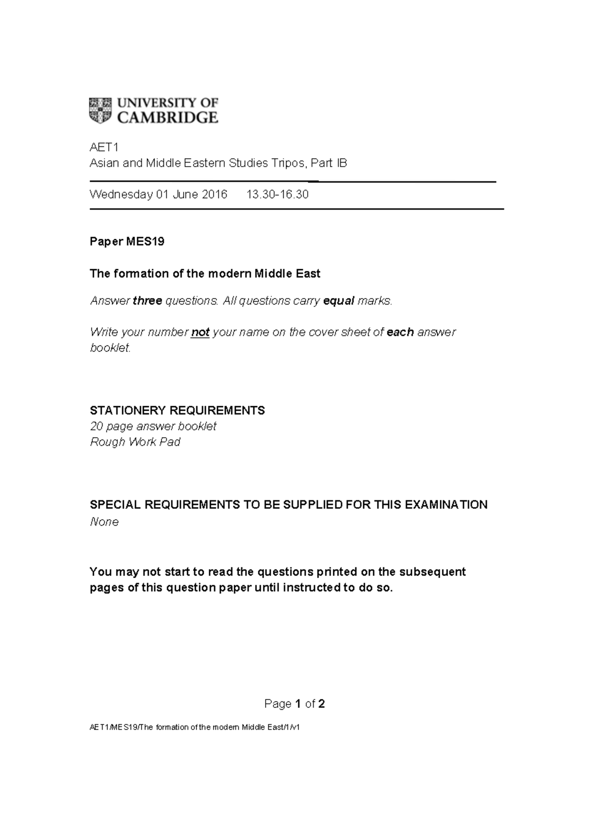 Exam 2016, questions - AET1 Asian and Middle Eastern Studies Tripos ...