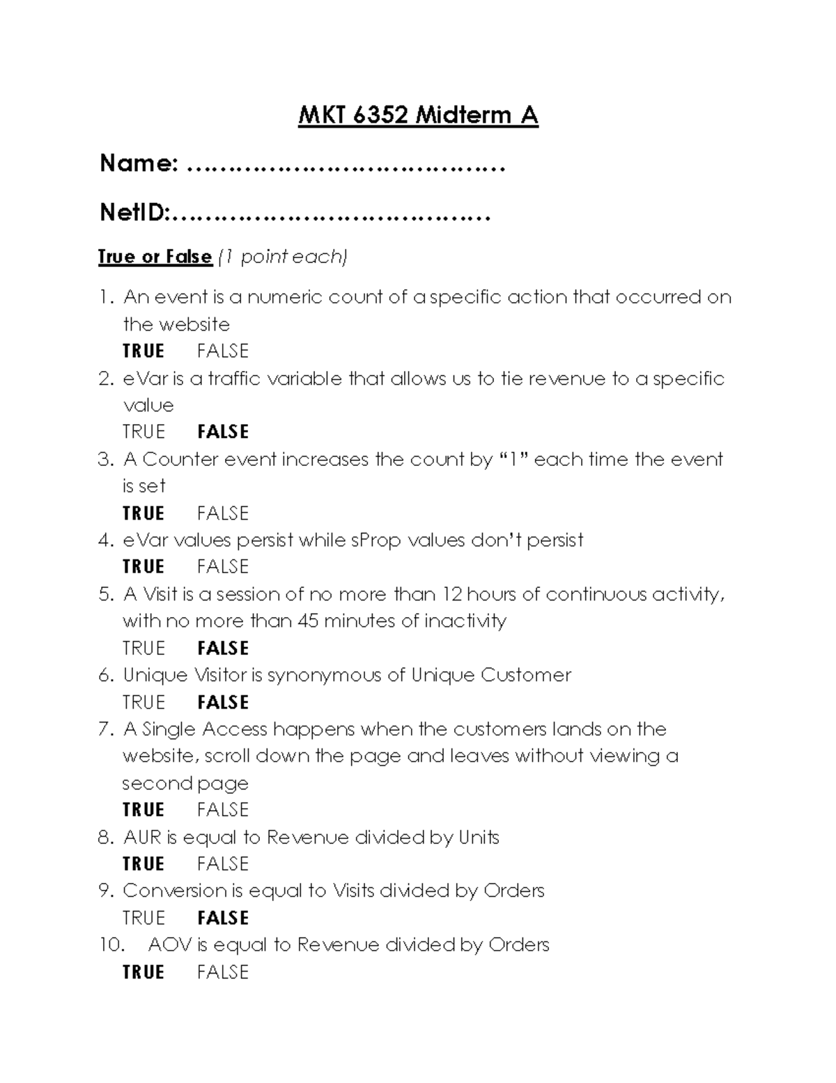 Midterm template 1 - MKT 6352 Midterm A Name ...