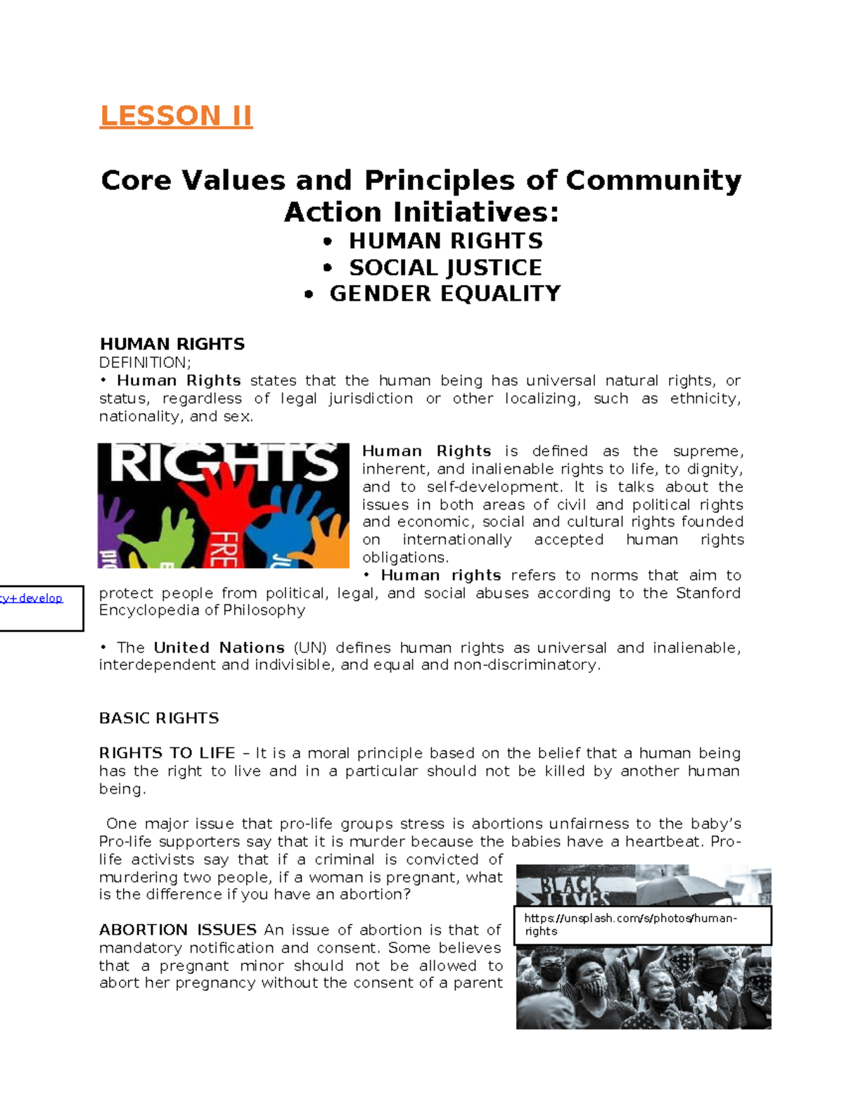 Lesson-II- Community-ENG.-12 - LESSON II Core Values and Principles of Community Action ...