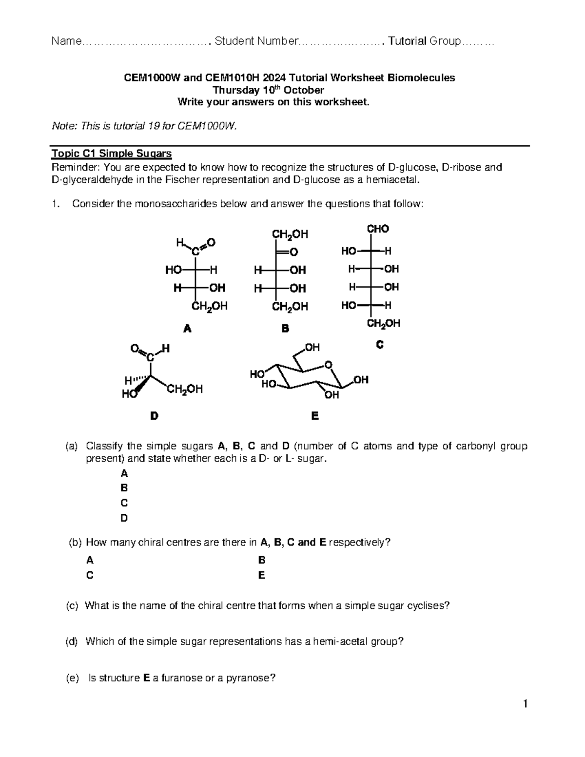 CEM1000W and CEM1010H 2024 Tutorial Worksheet Biomolecules - CEM1000W and CEM1010H 2024 Tutorial ...