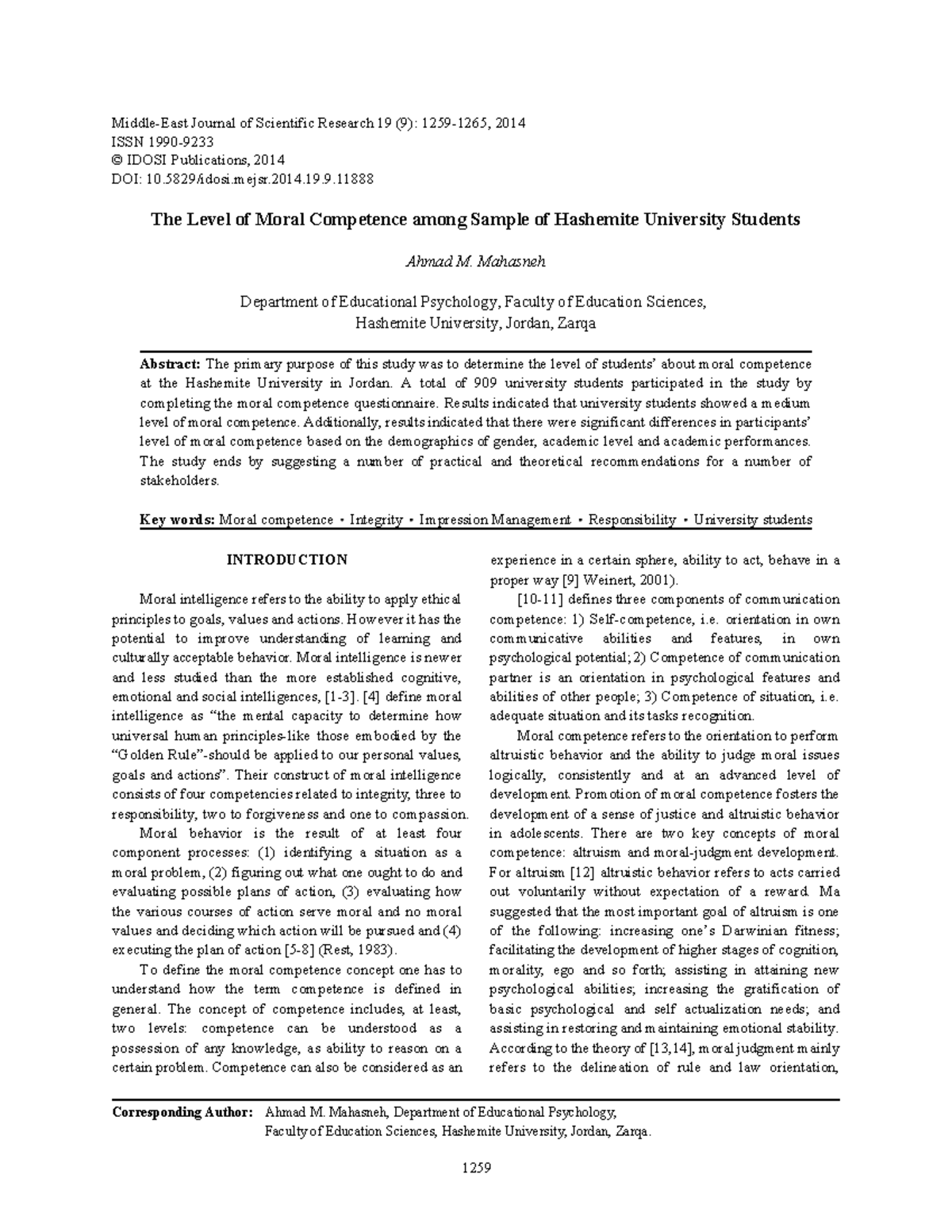 Moral-Competence - Moral Competence in School - Middle-East Journal of ...