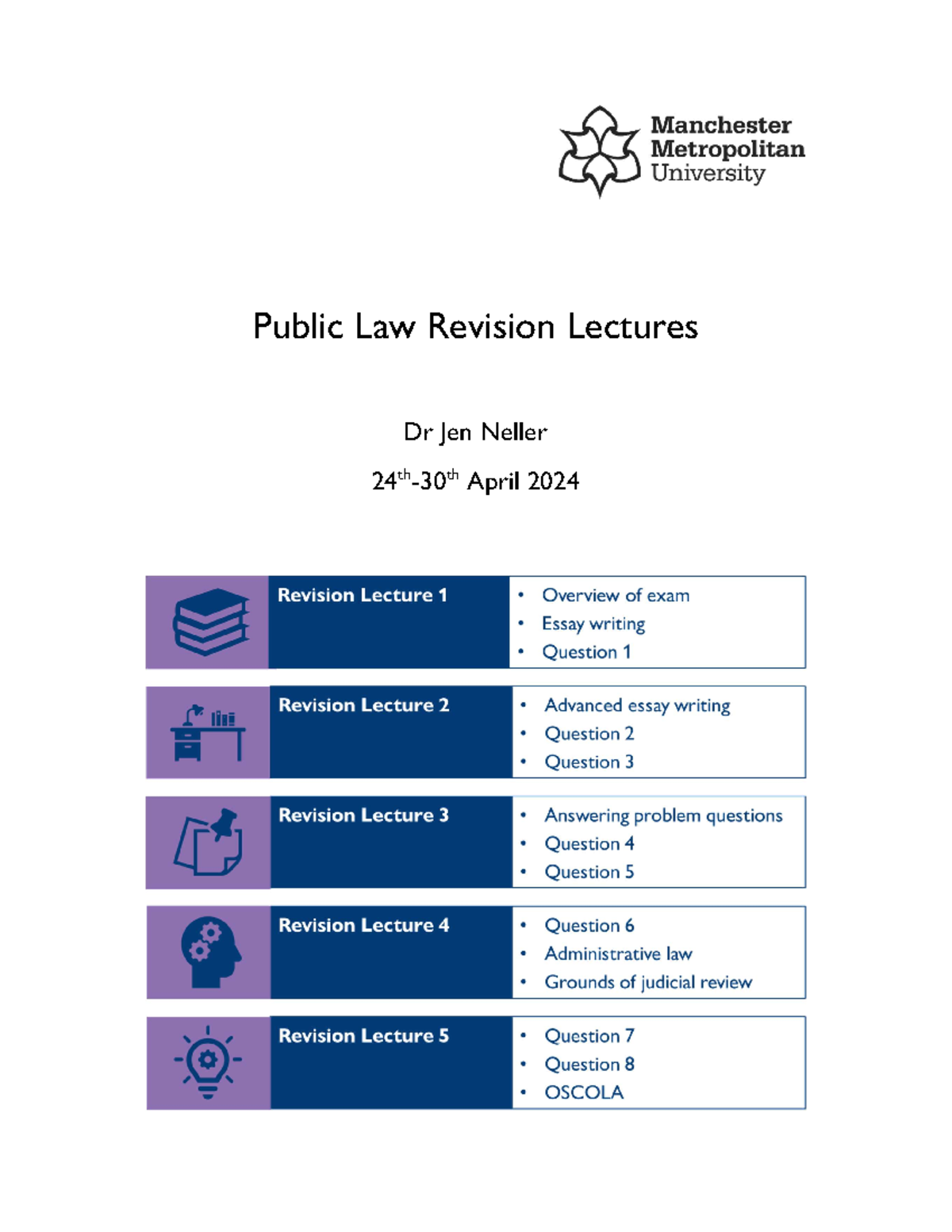 MMU Public Law - Revision Lectures overview - Public Law Revision Lectures Dr Jen Neller 24 th ...