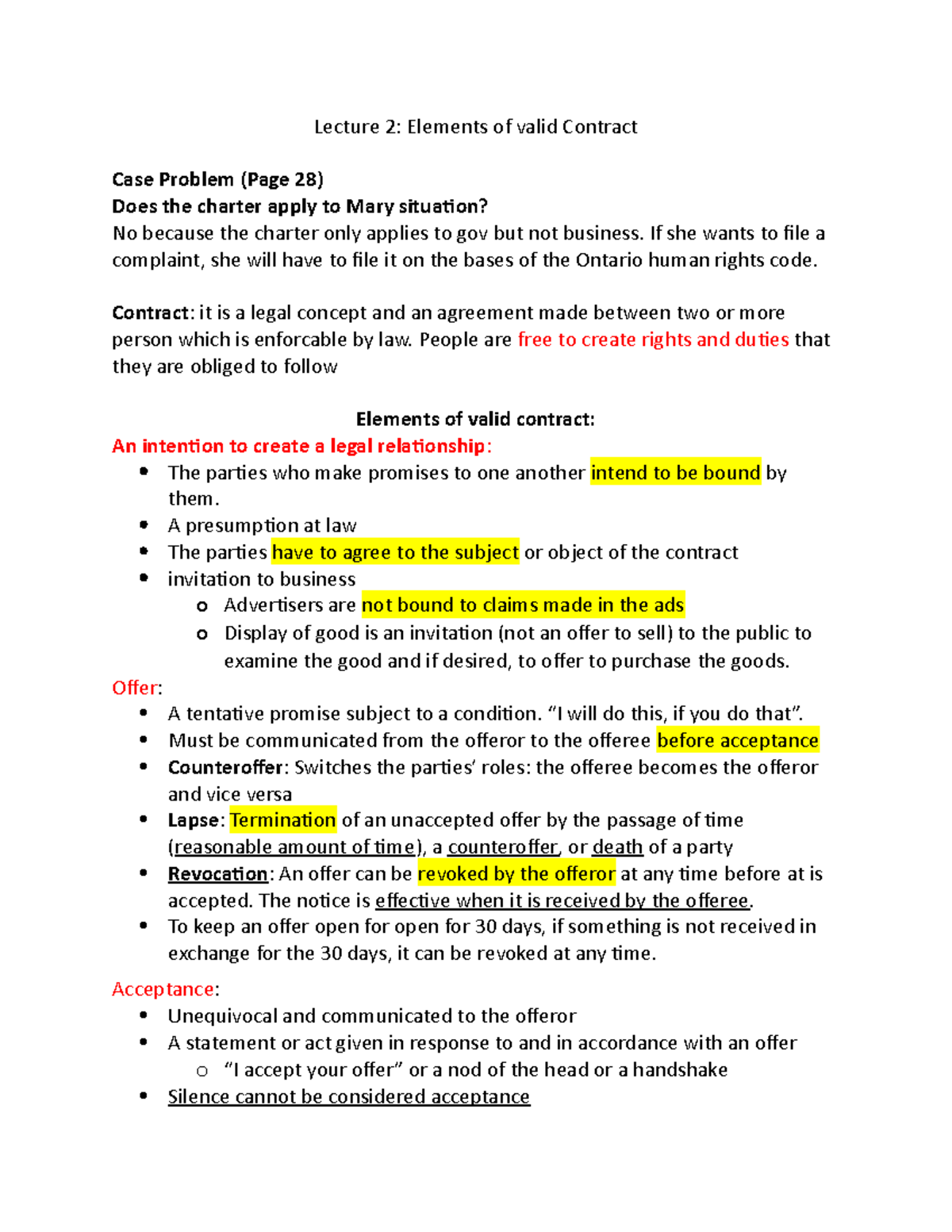 Lecture 2:Elements of valid Contract - Lecture 2: Elements of valid Contract Case Problem (Page ...