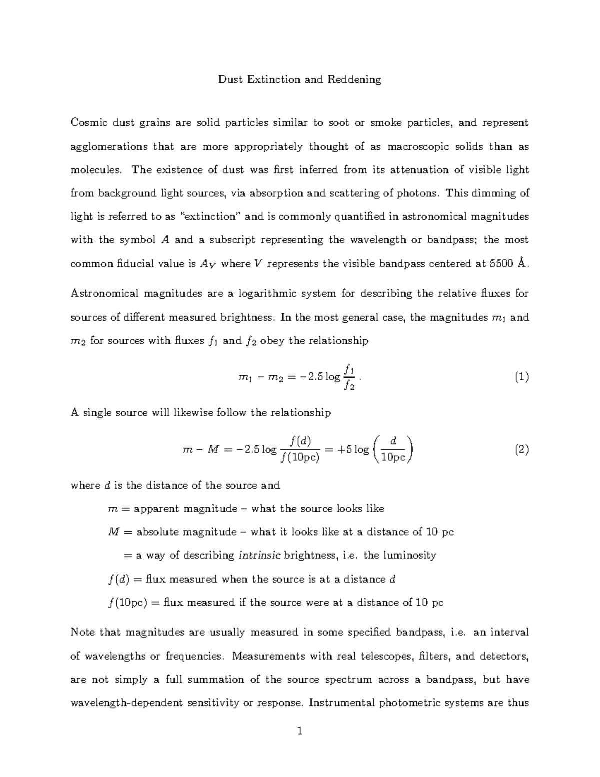 Dust extinction and reddening handout - Dust Extinction and Reddening ...
