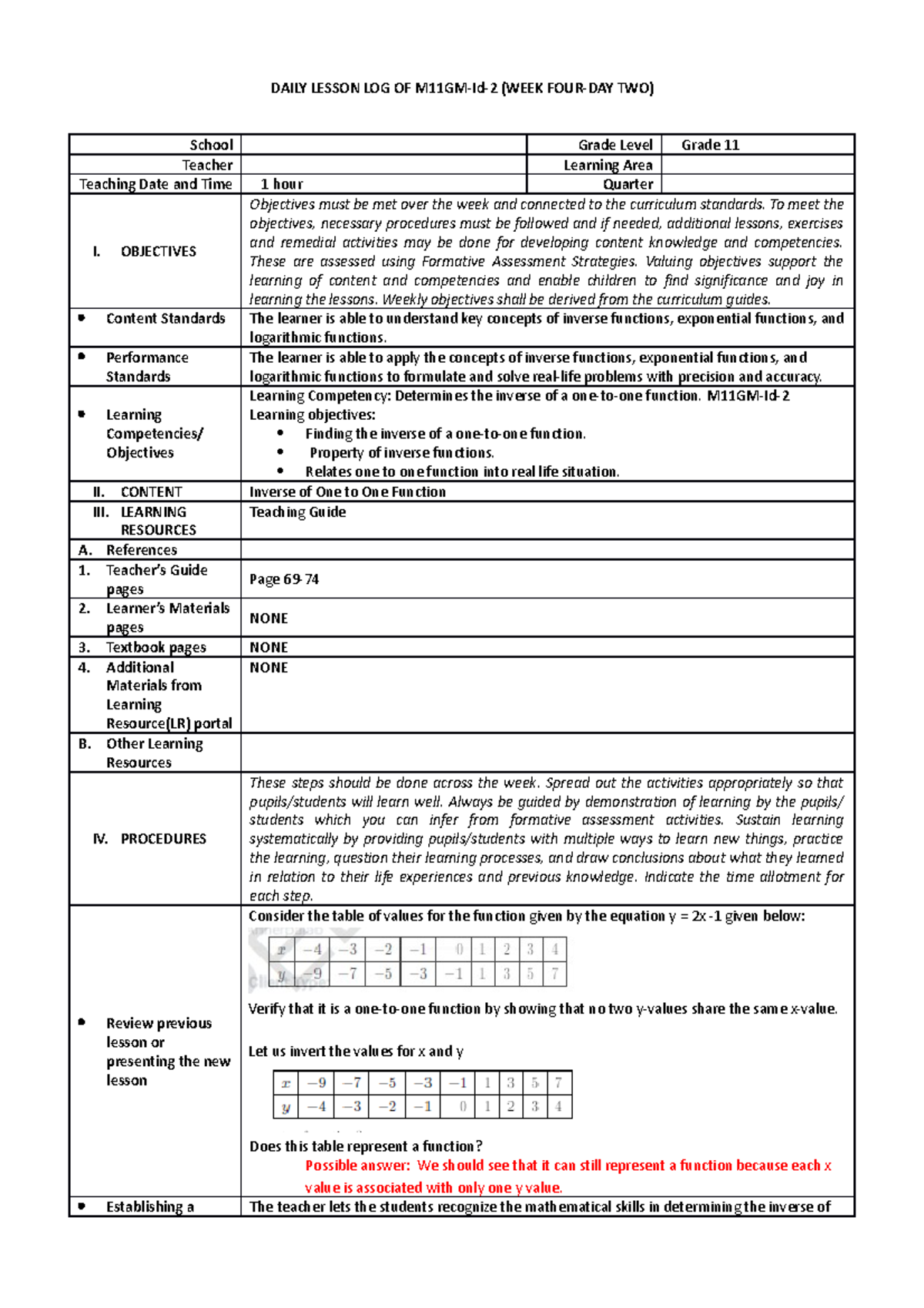 GM-I-14 - LESSON PLAN - DAILY LESSON LOG OF M11GM-Id-2 (WEEK FOUR-DAY ...