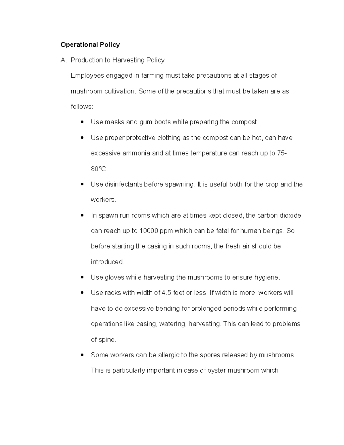 Operational Policy - Production to Harvesting Policy Employees engaged ...