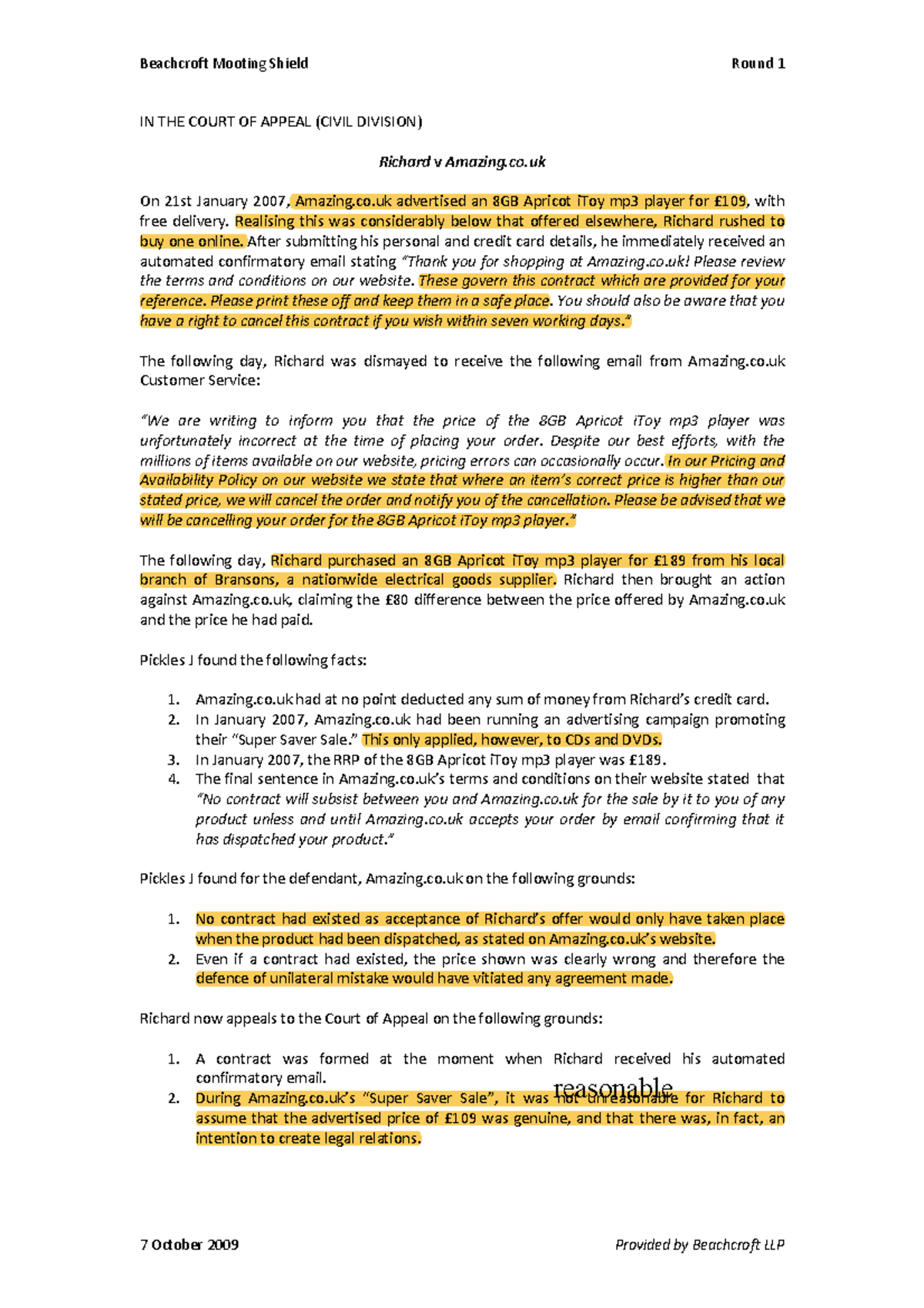 Moot 4 Legal Method Moot - Beachcroft Mooting Shield Round 1 IN THE ...