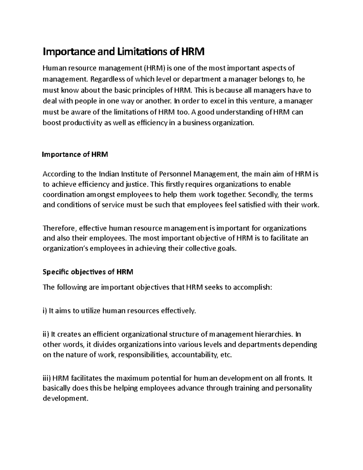 Importance and Limitations of HRM - Regardless of which level or ...