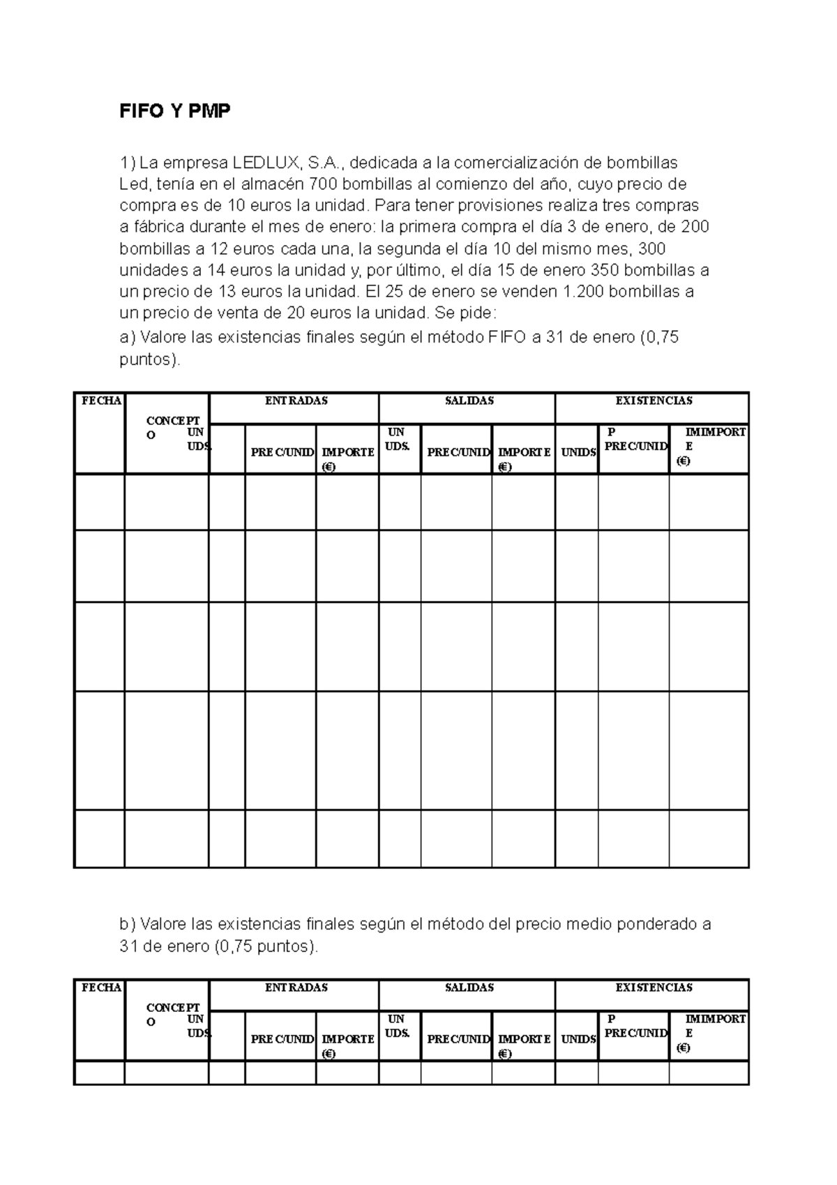 Actividades Repaso Temas 5 Y 6 - FIFO Y PMP La empresa LEDLUX, S., dedicada a la ...