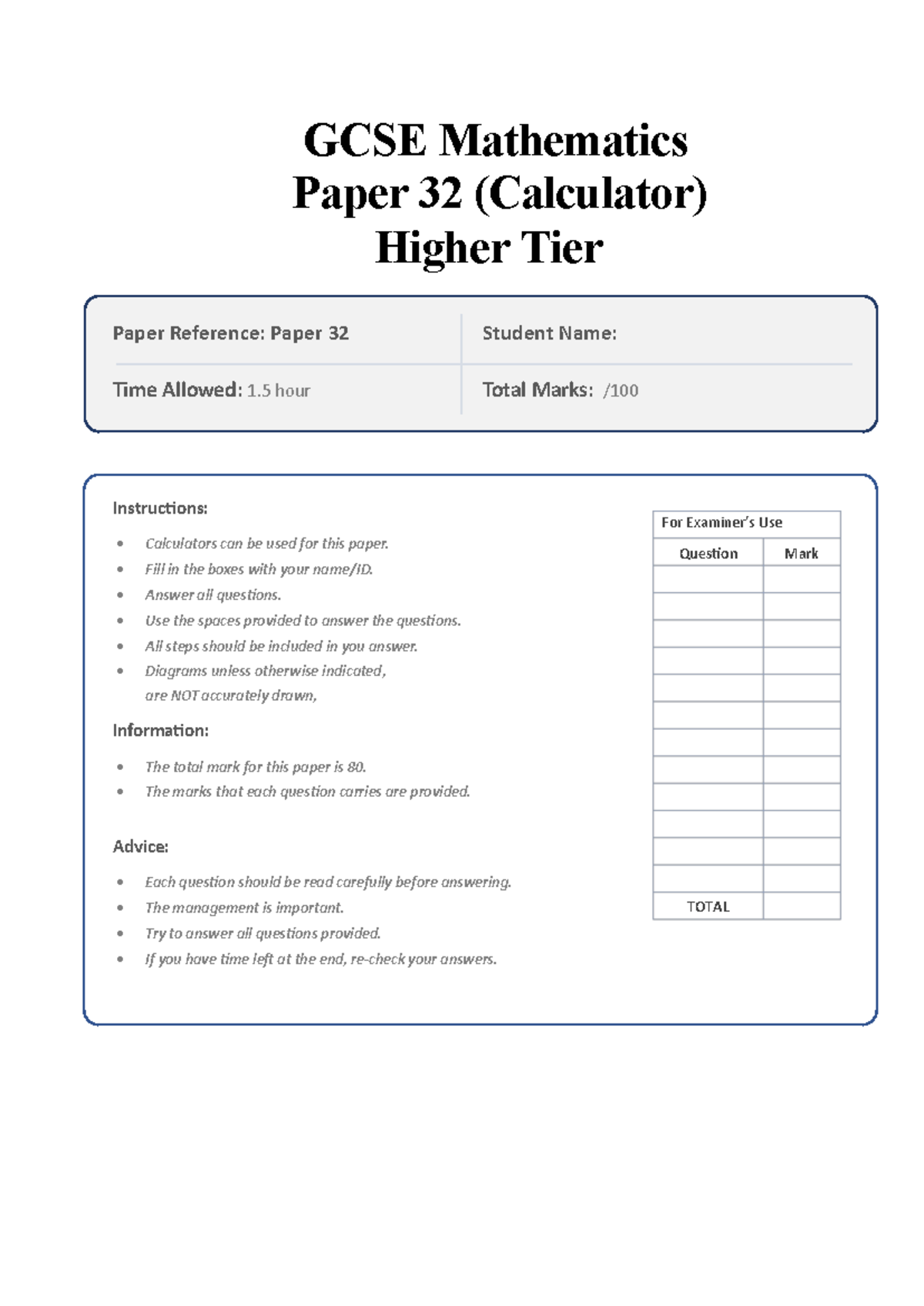 GCSE Maths Paper 32 - GCSE Mathematics Paper 32 (Calculator) Higher ...