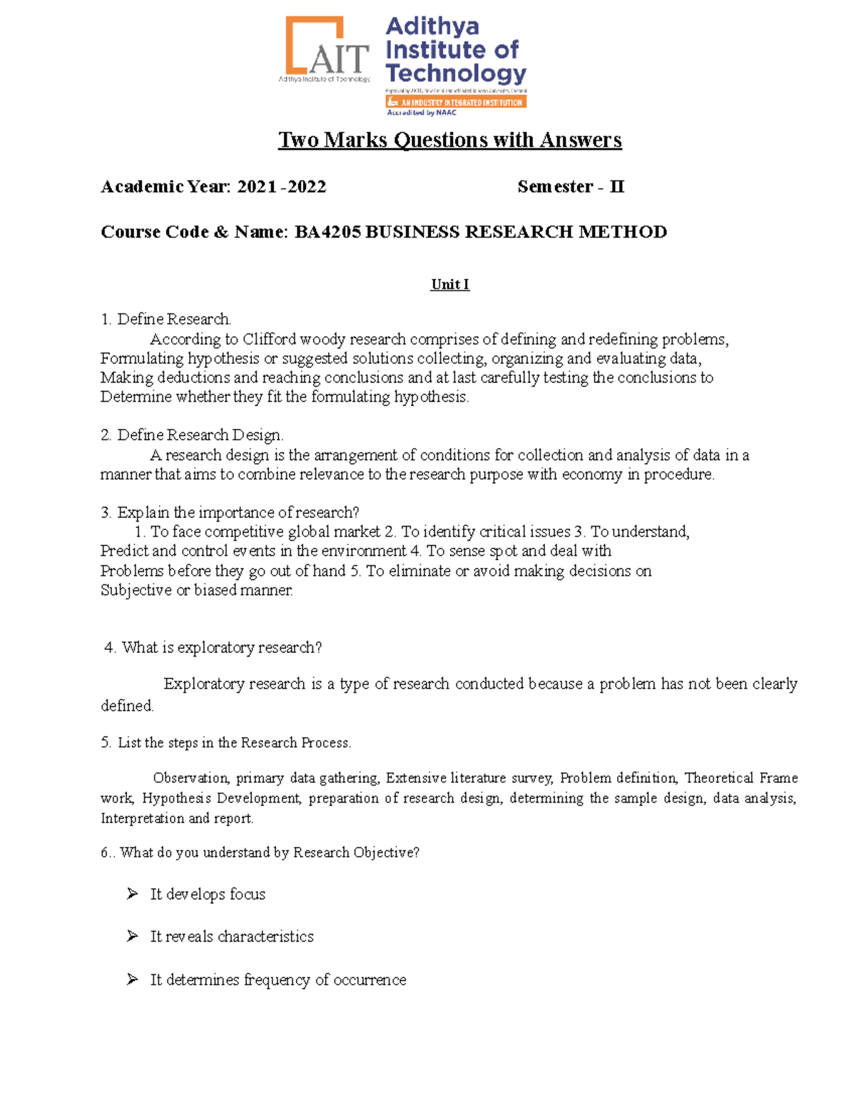 BRM - 2 Marks - Two Marks Questions with Answers Academic Year: 2021 -2022 Semester - II Course ...