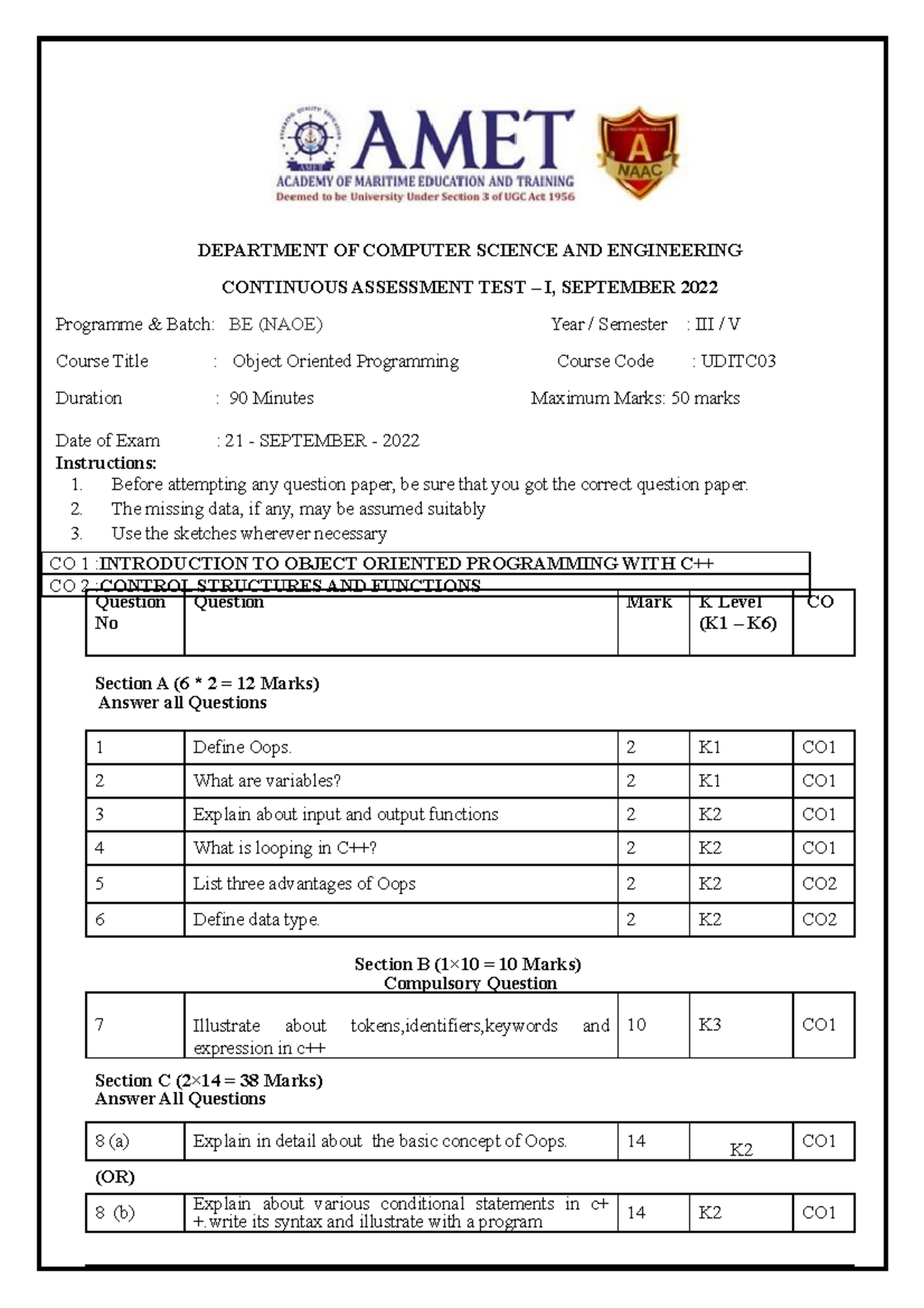 Naoe C Object Oriented Programming Elective Course Department Of Computer Science And
