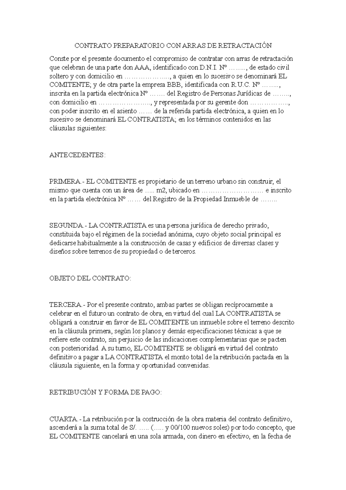 Contrato Preparatorio CON Arras DE Retractación - CONTRATO PREPARATORIO CON ARRAS DE ...
