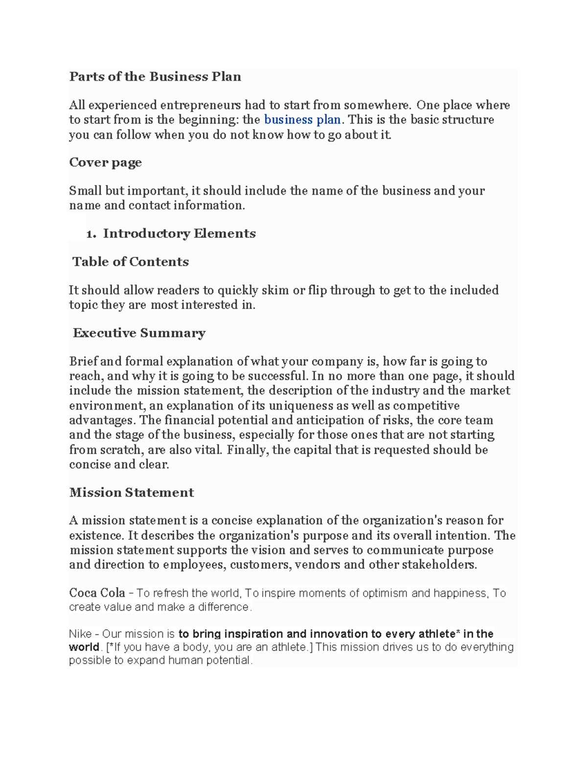 Parts of the BP A4 - Lecture - Parts of the Business Plan All ...