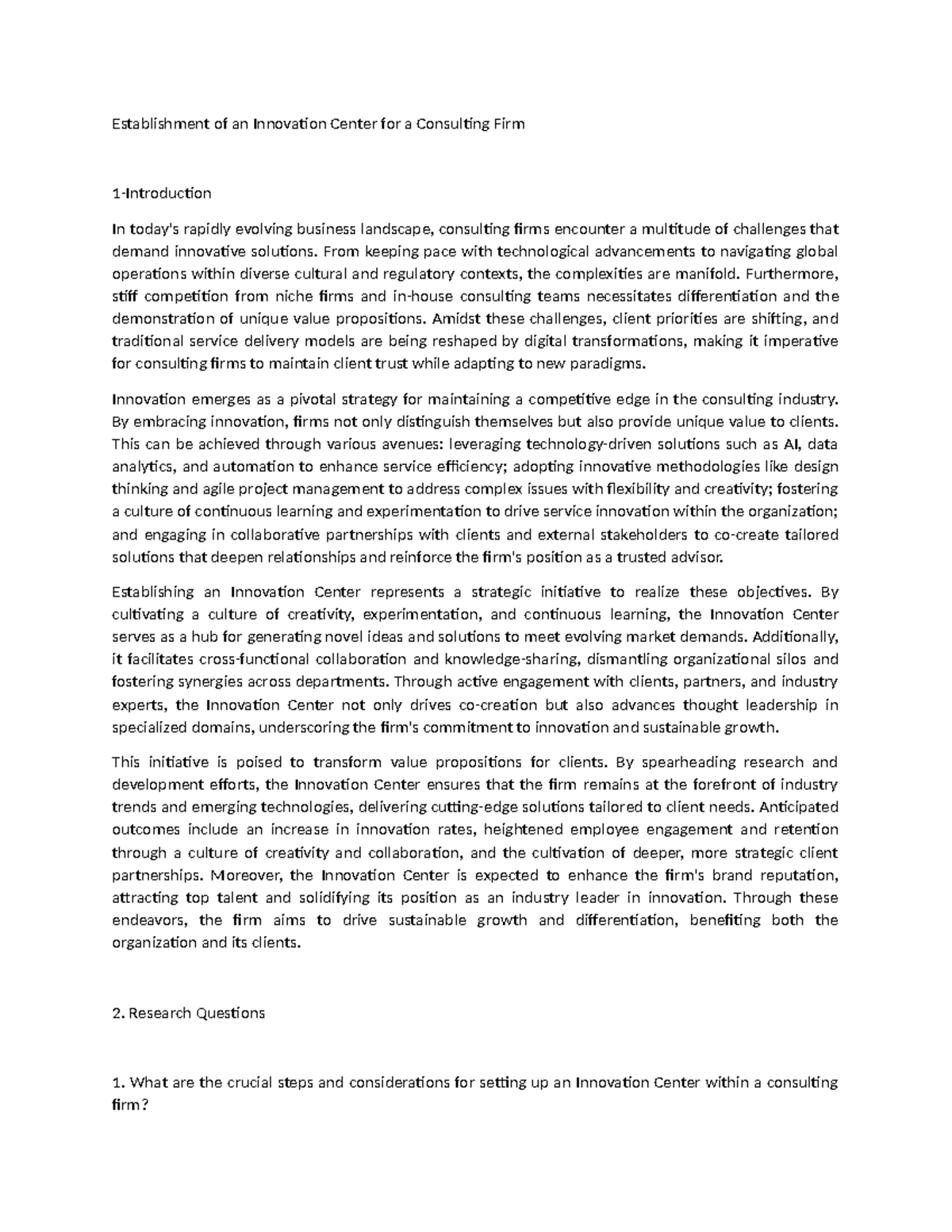 Proposal - innovation centre - Establishment of an Innovation Center ...