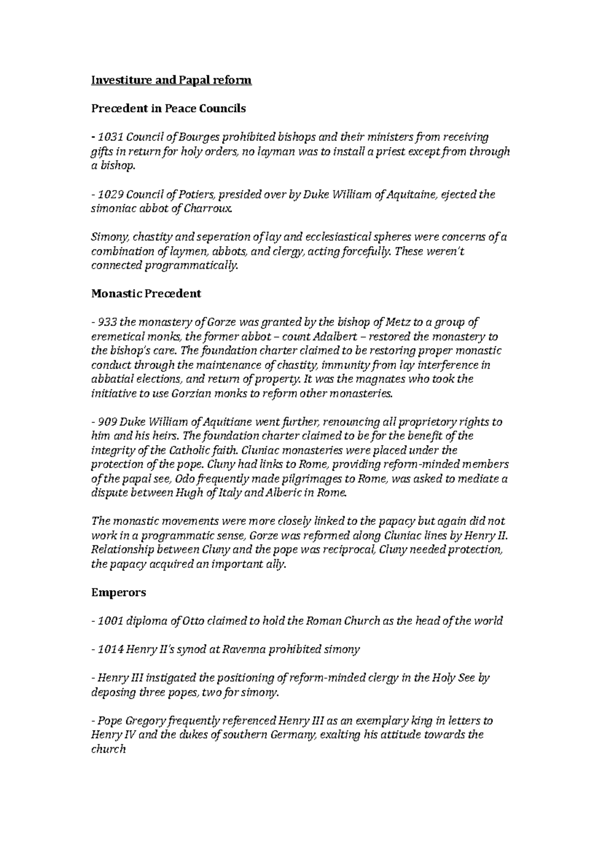 Investiture Contest Outline - Investiture and Papal reform Precedent in ...