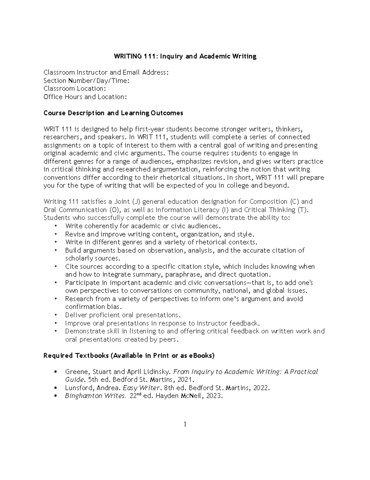 WRIT 111 Syllabus Spring 2024 - WRITING 111: Inquiry and Academic ...