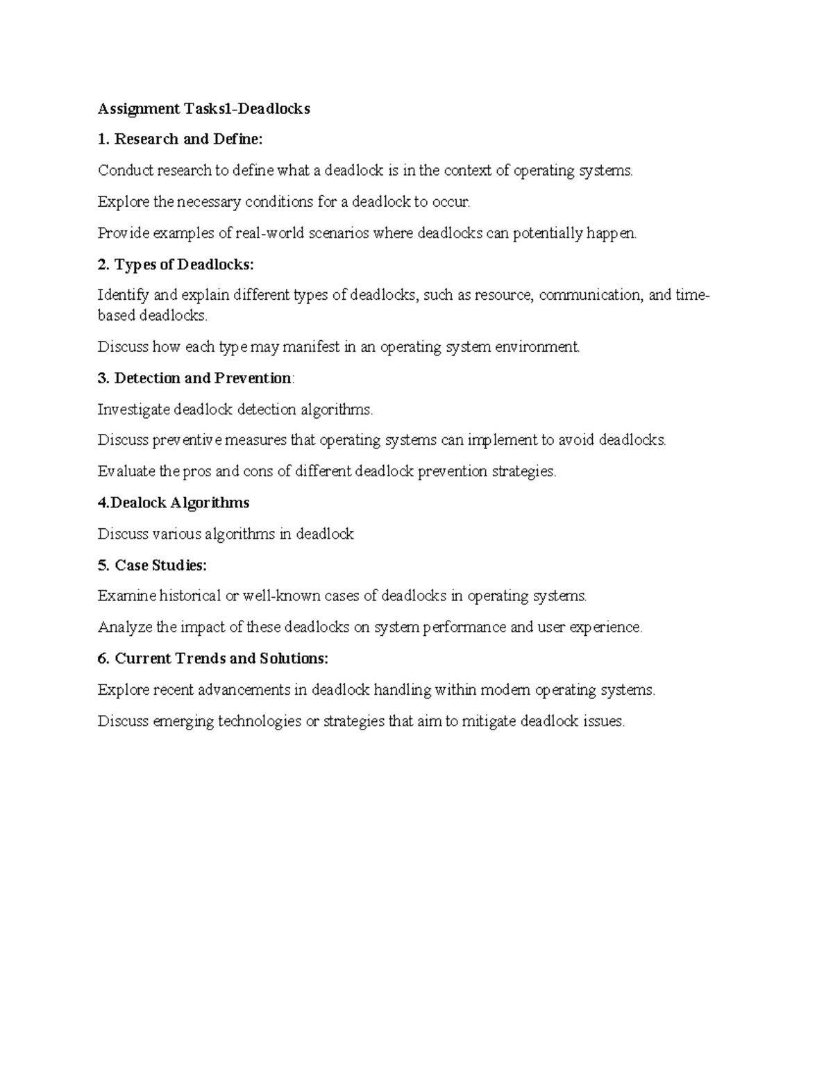 Deadlock Assignment 1 - Assignment Tasks1-Deadlocks Research and Define: Conduct research to ...