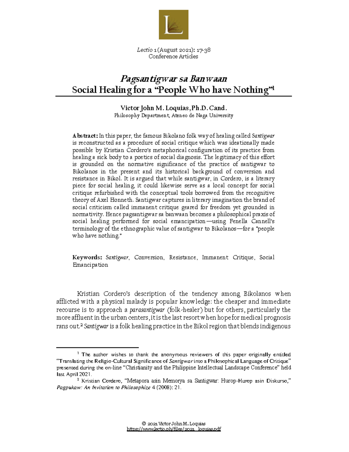 Loqpsb - t:In this paper, the famous Bikolanofolk way of healing called ...