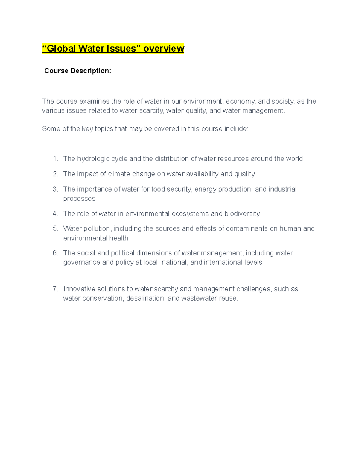 “Global Water Issues” course overview - “Global Water Issues” overview ...