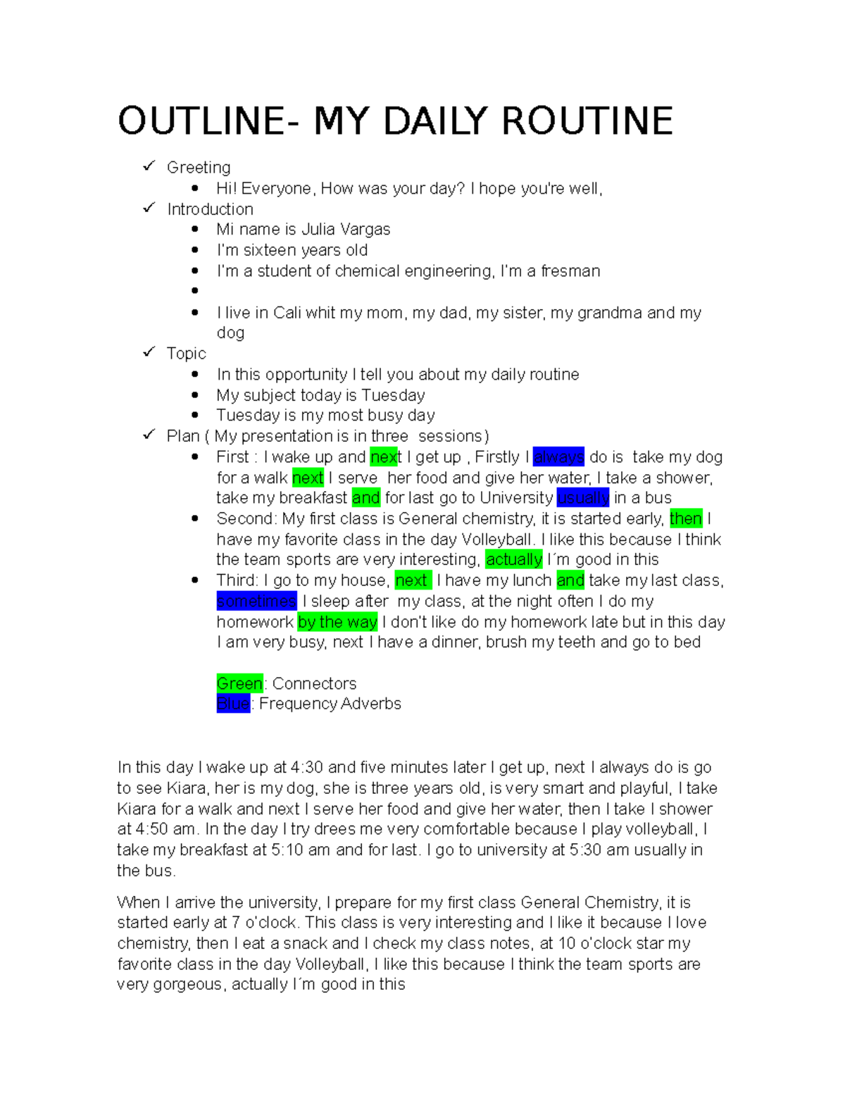Outline ingles i - OUTLINE- MY DAILY ROUTINE Greeting Hi! Everyone, How ...