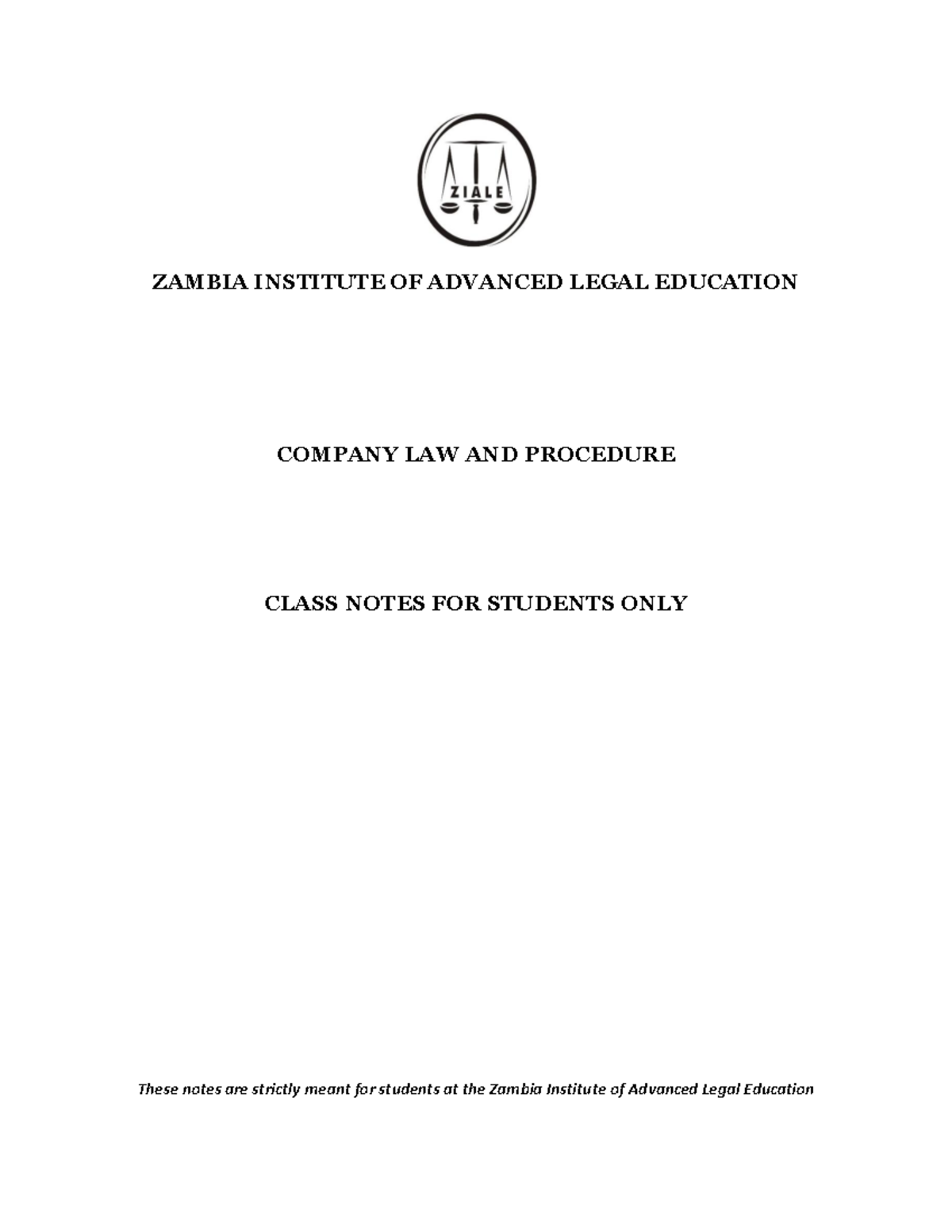 Class Notes for Company Law and Procedure-Topic 2 - ZAMBIA INSTITUTE OF ...