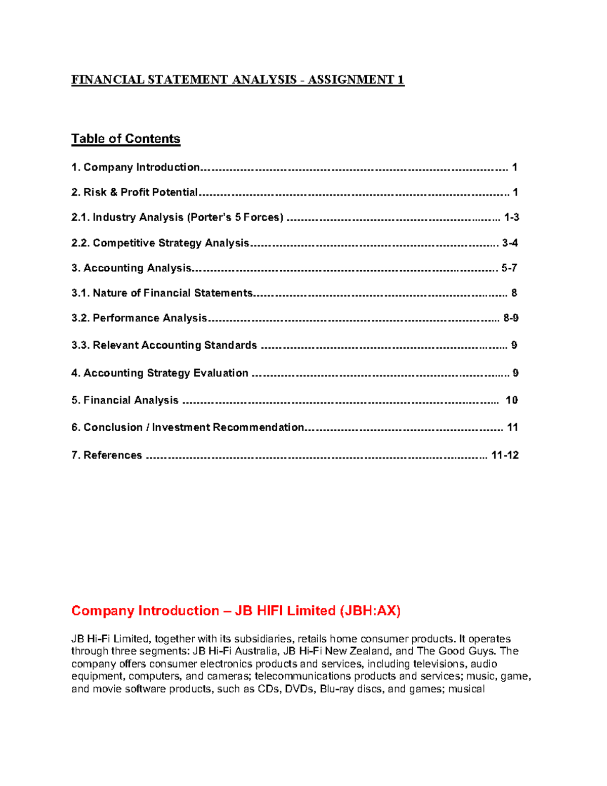 FIN1FSA - Assignment 1 - FINANCIAL STATEMENT ANALYSIS - ASSIGNMENT 1 ...
